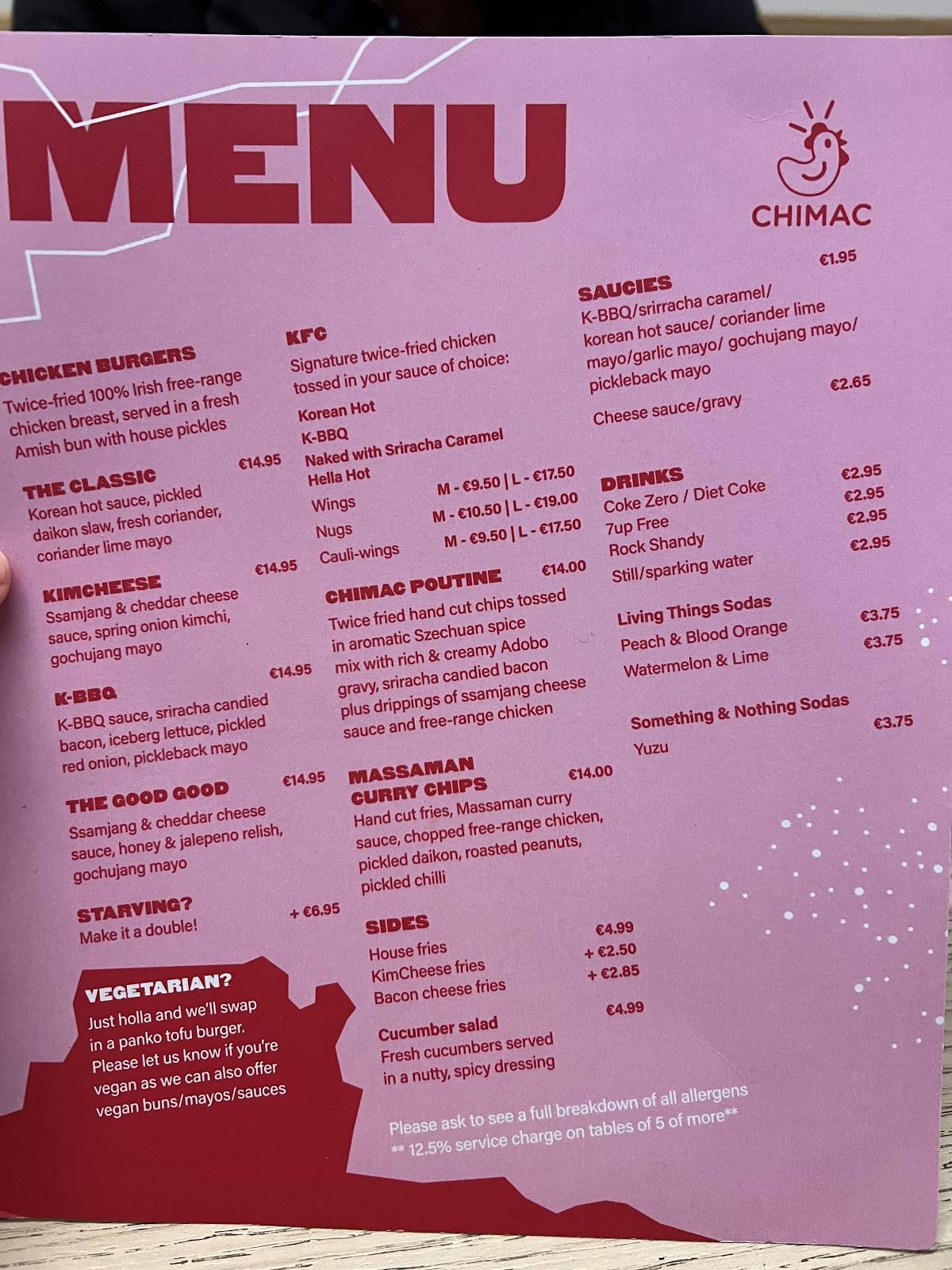 Menu at Chimac Aungier St restaurant, Dublin
