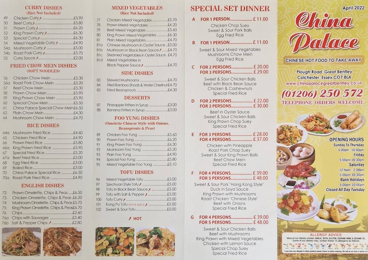 Menu at China Palace fast food, Great Bentley