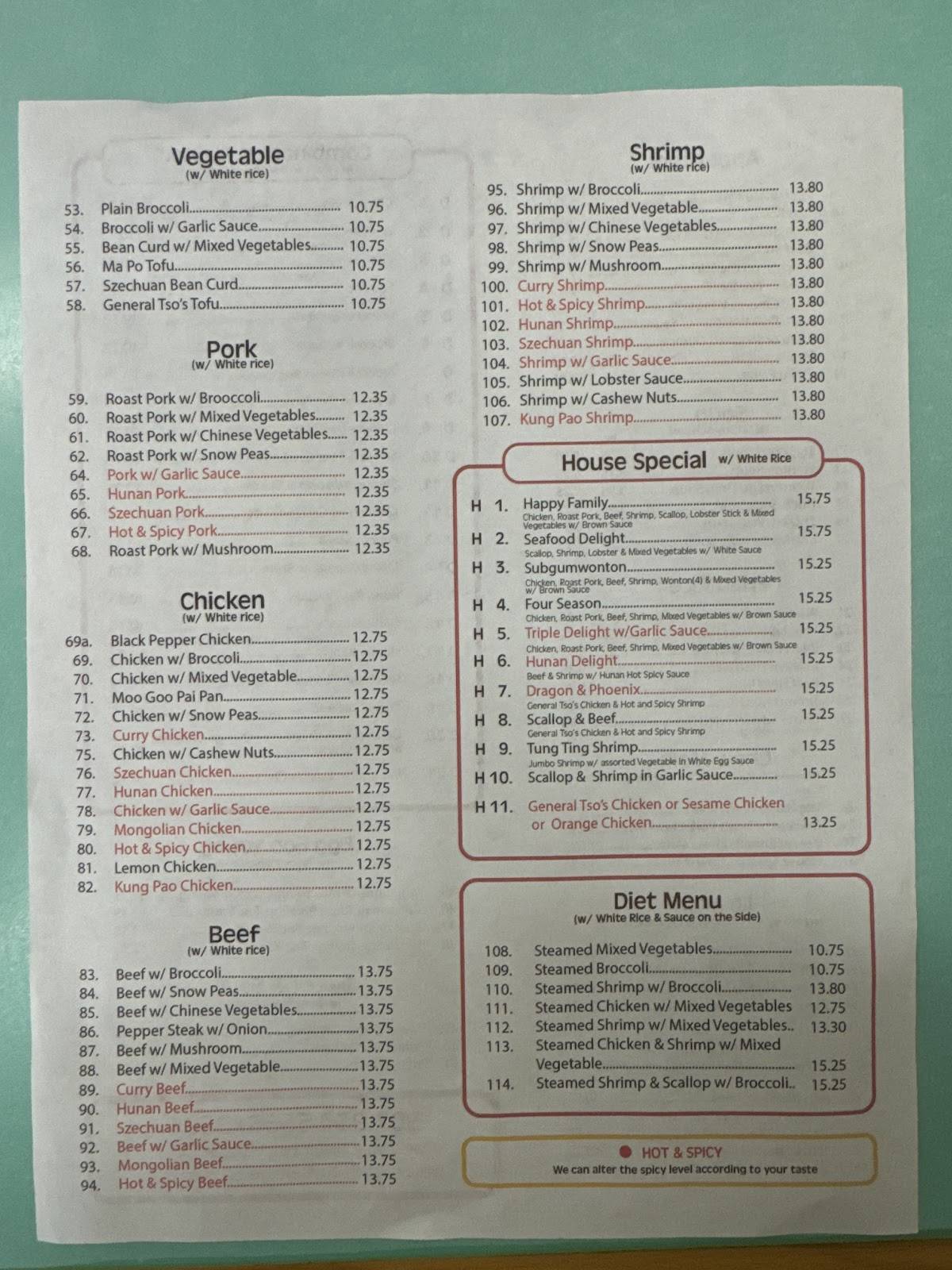 Menu at China Town restaurant, Saint Peter