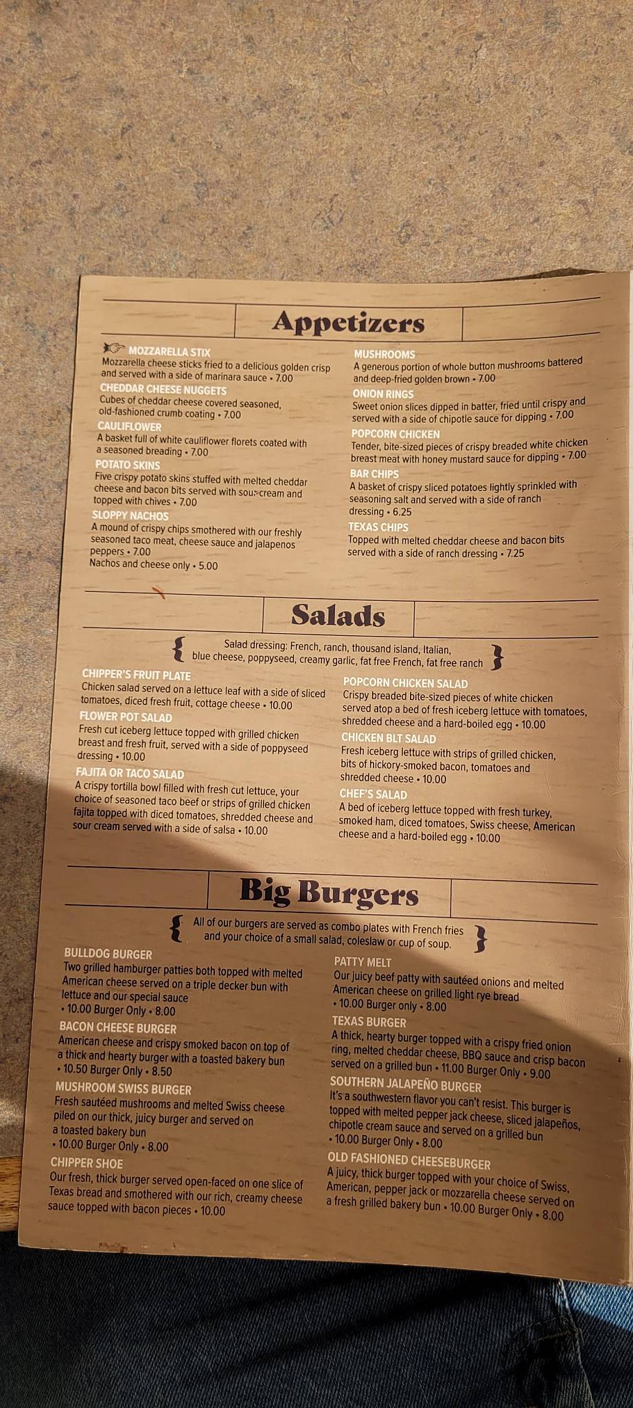 Menu at Chippers Grill restaurant, Streator