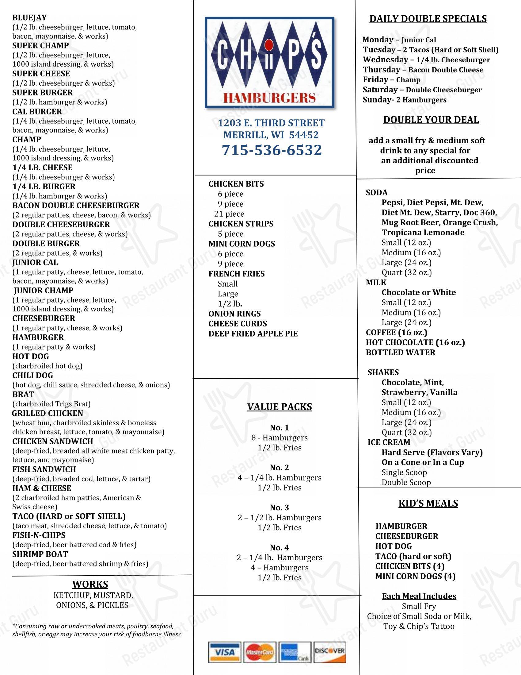 Menu at Chip's Hamburgers of Merrill restaurant, Merrill