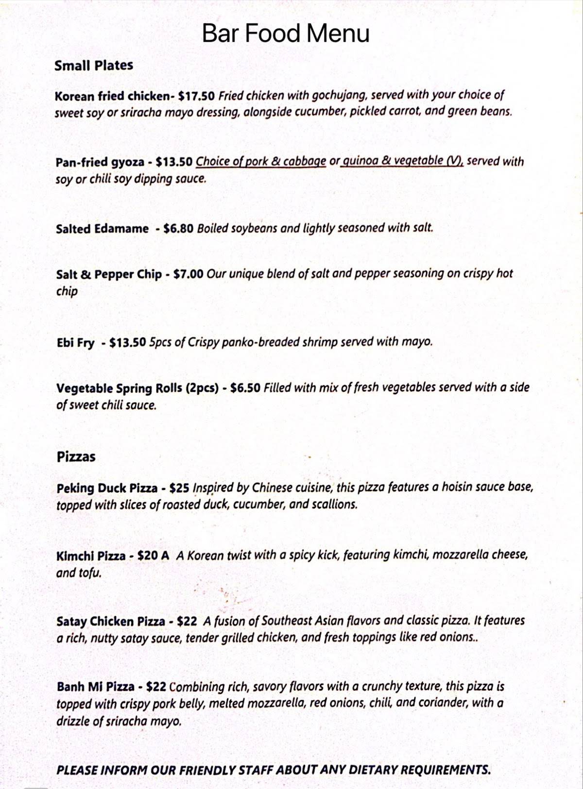 Menu at Chirin Asian Restaurant and Bar, Adelaide