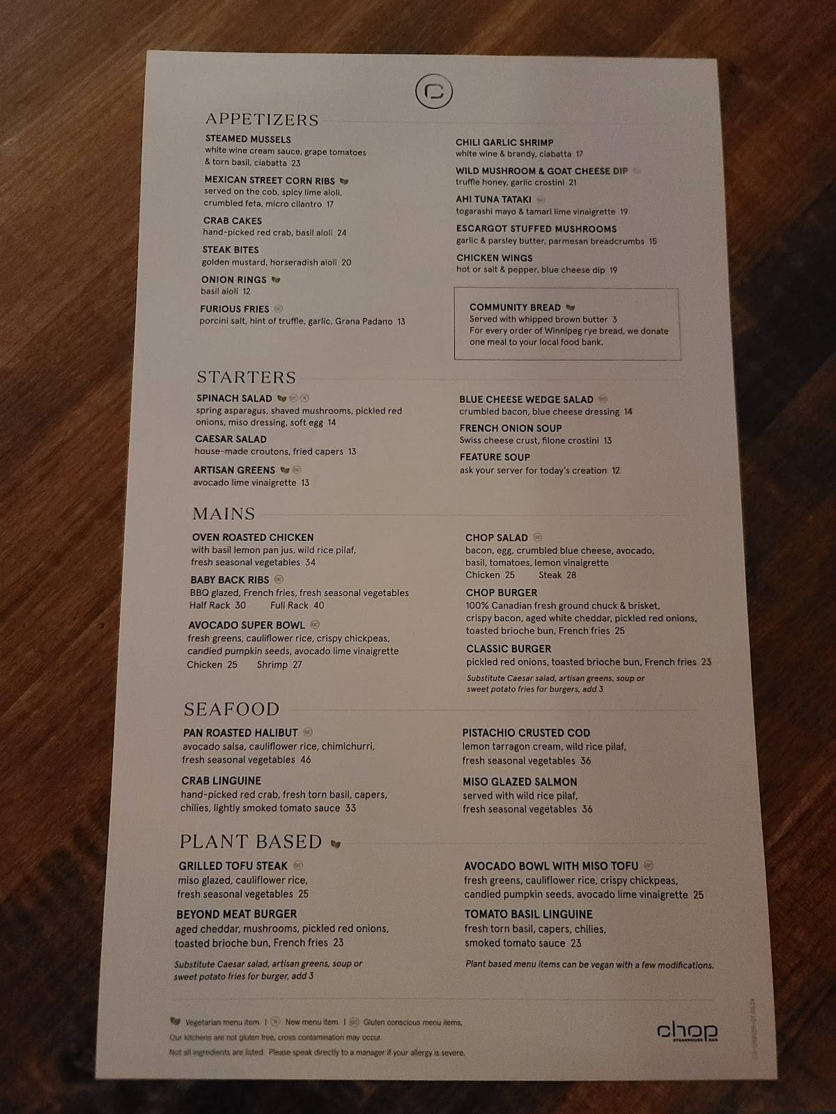 Menu at Chop Steakhouse & Bar, Edmonton, Stony Plain Rd