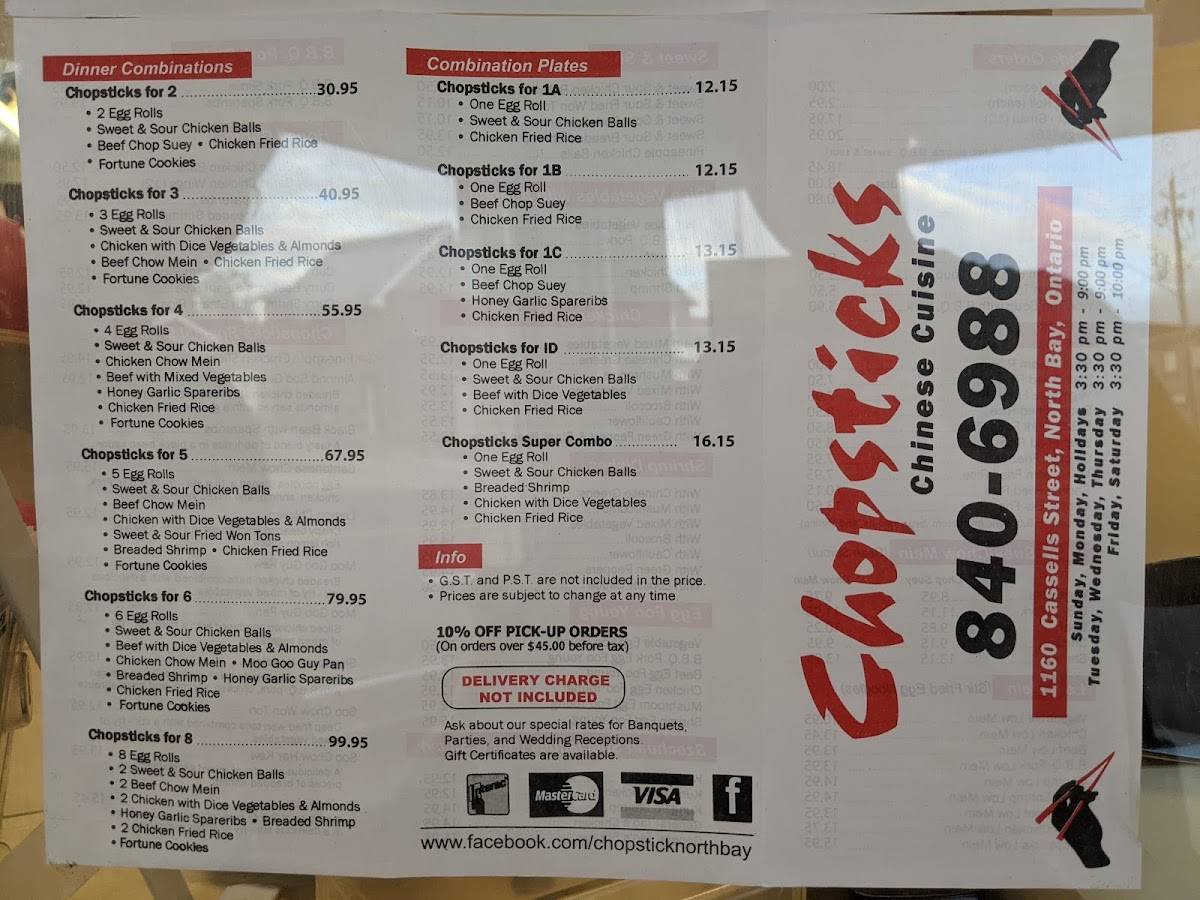 Menu at Chopsticks restaurant, North Bay
