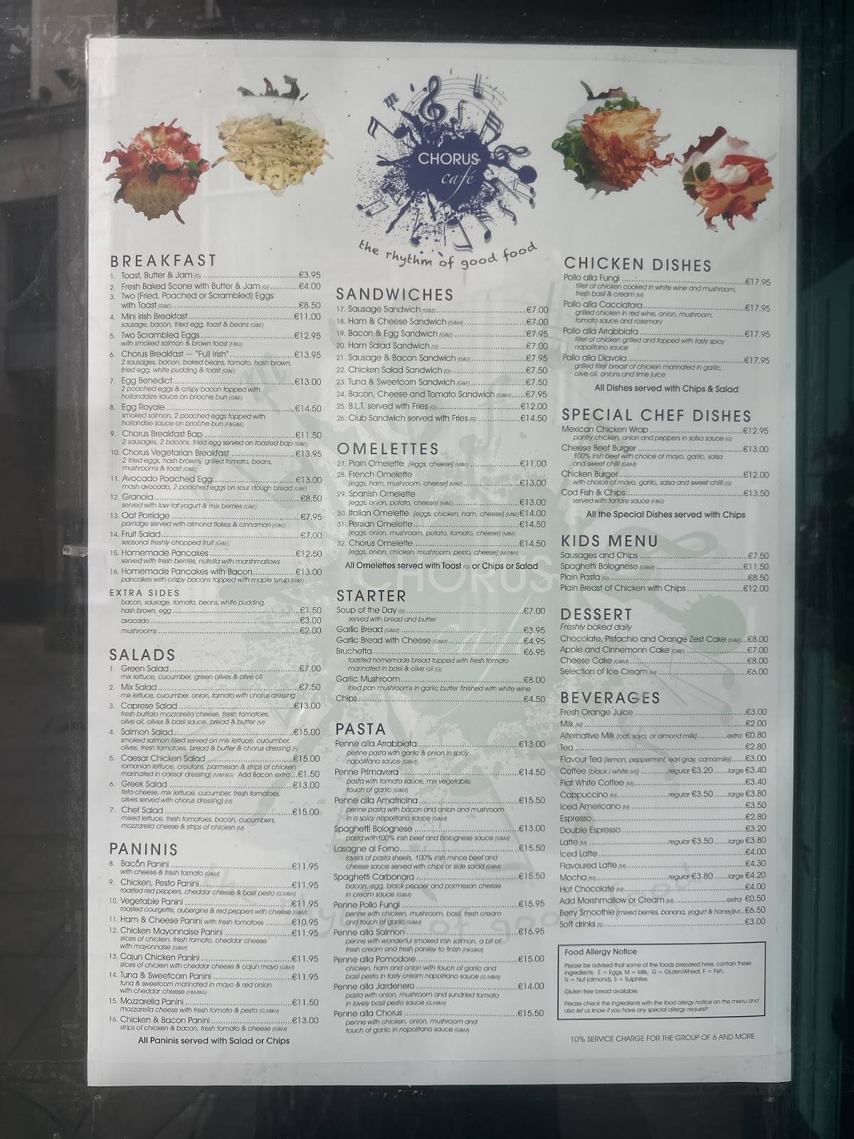 Menu at Chorus Cafe Bistro, Dublin