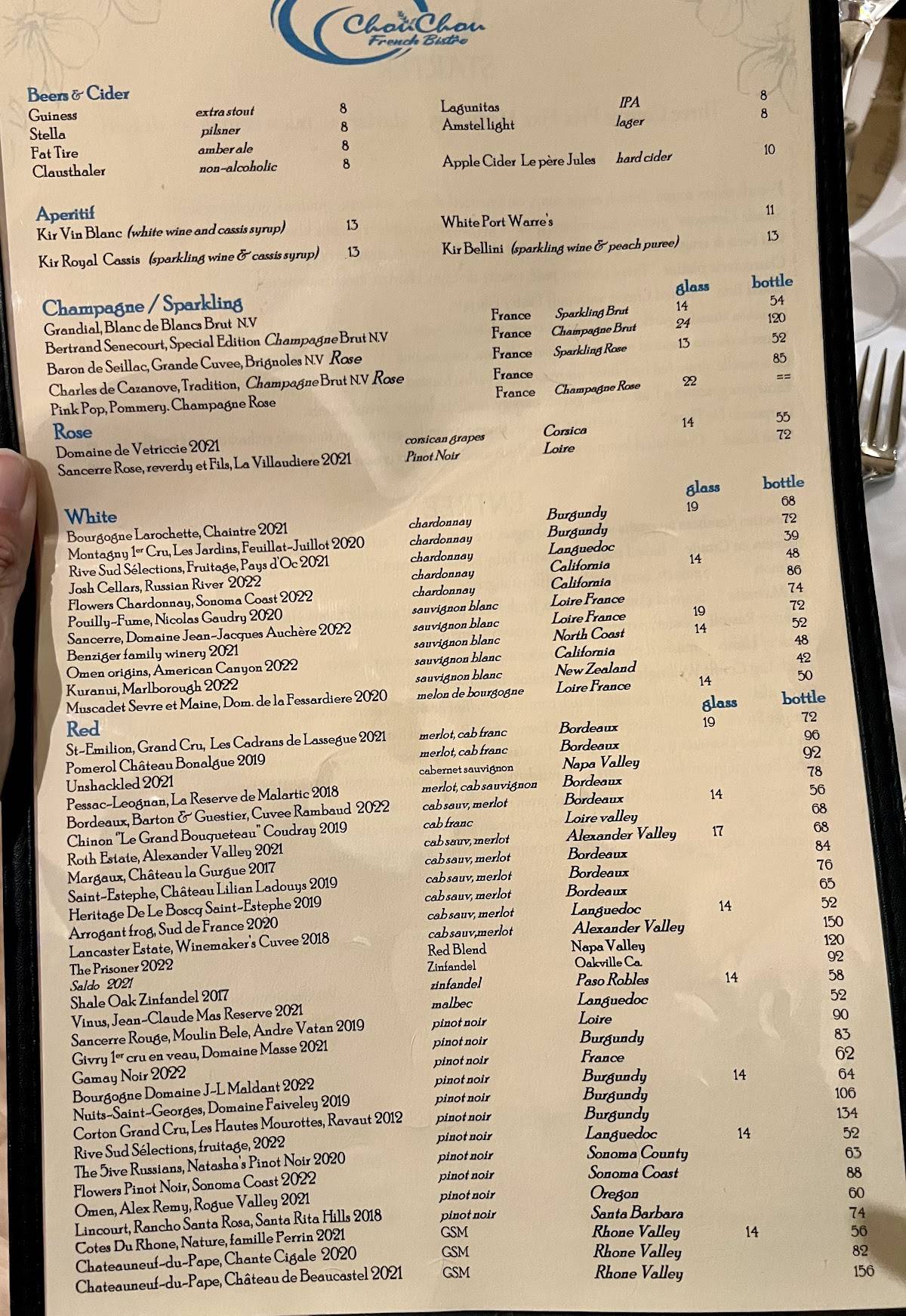 Menu at ChouChou French Bistro restaurant, San Francisco