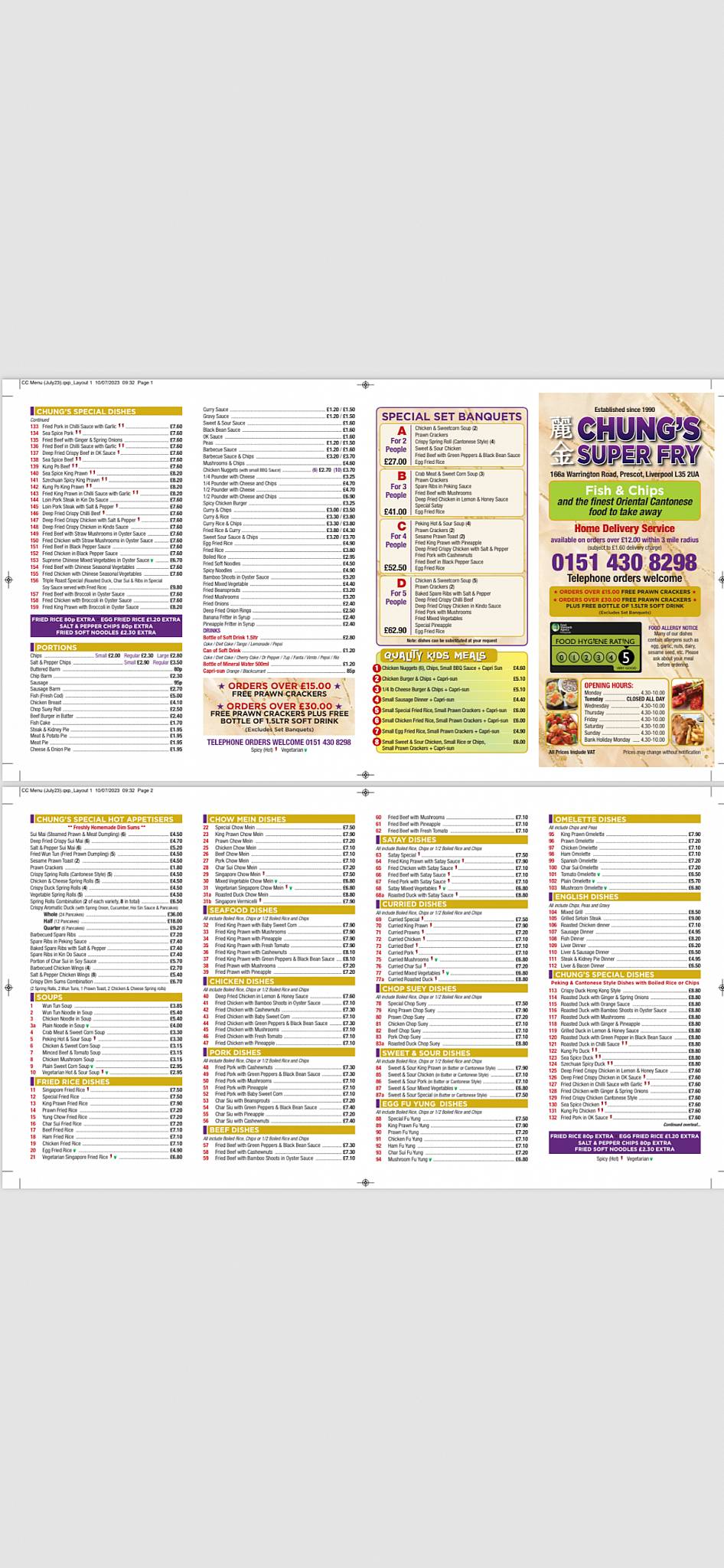 Menu at Chung's Super Fry restaurant, Prescot