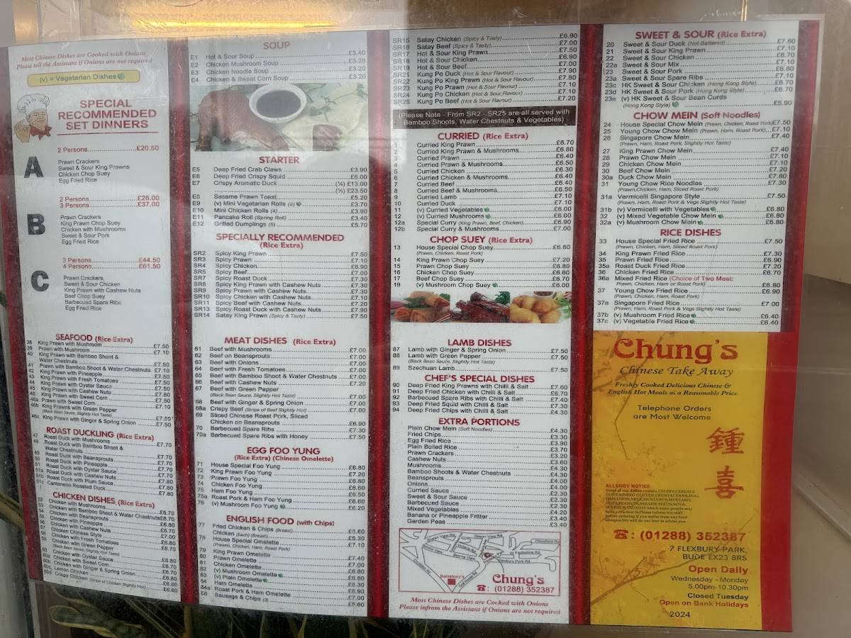 Menu at Chung's fast food, Bude