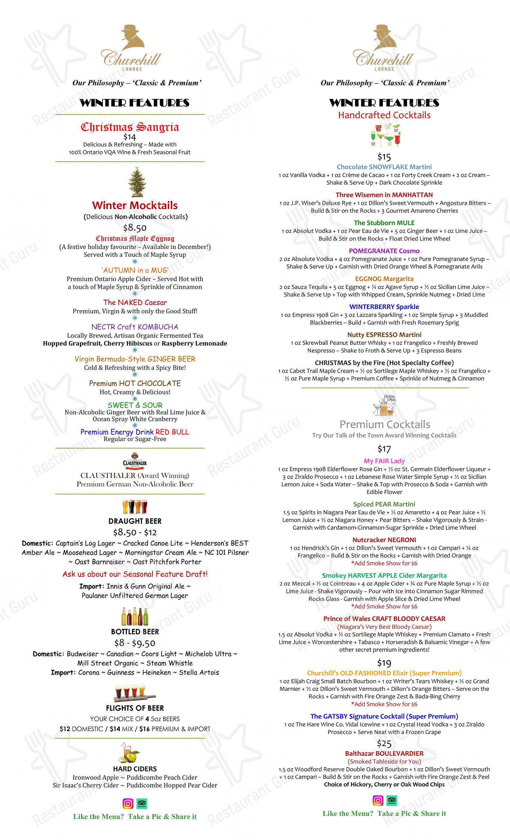 Menu at Churchill Lounge restaurant, Niagara-on-the-Lake, 6 Picton St
