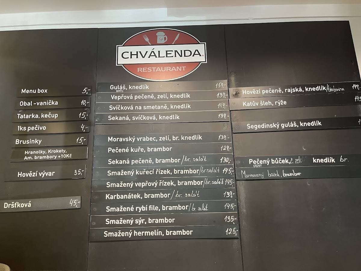 Menu at Chválenda Restaurant, Pilsen