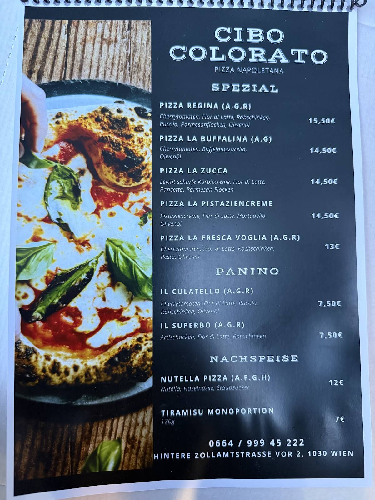 Menu at Cibo Colorato restaurant, Vienna