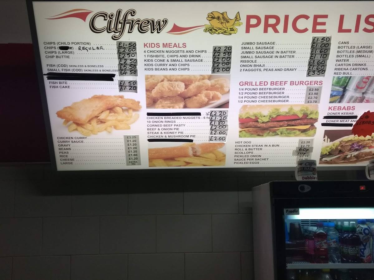 Menu at Cilfrew fish bar, Neath