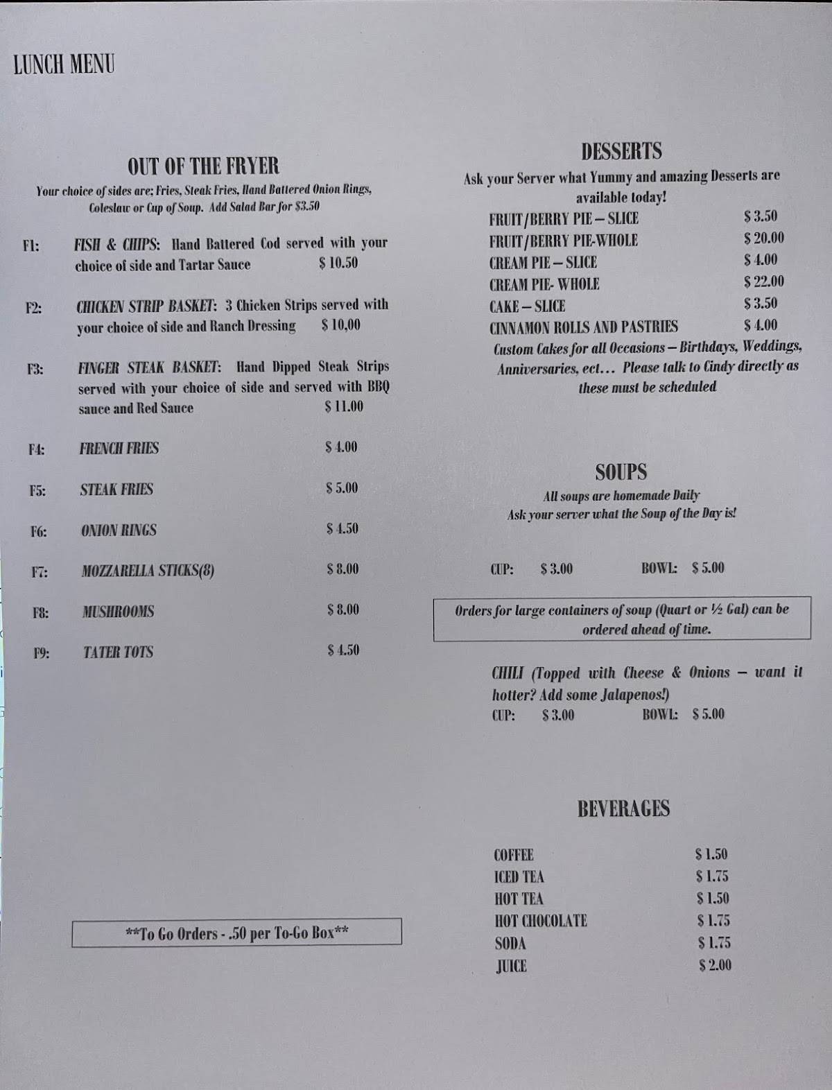 Menu at Cindy’s Cafe, Grand View