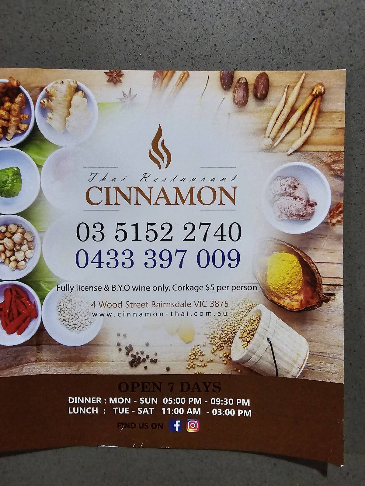 Menu at Cinnamon restaurant, Bairnsdale
