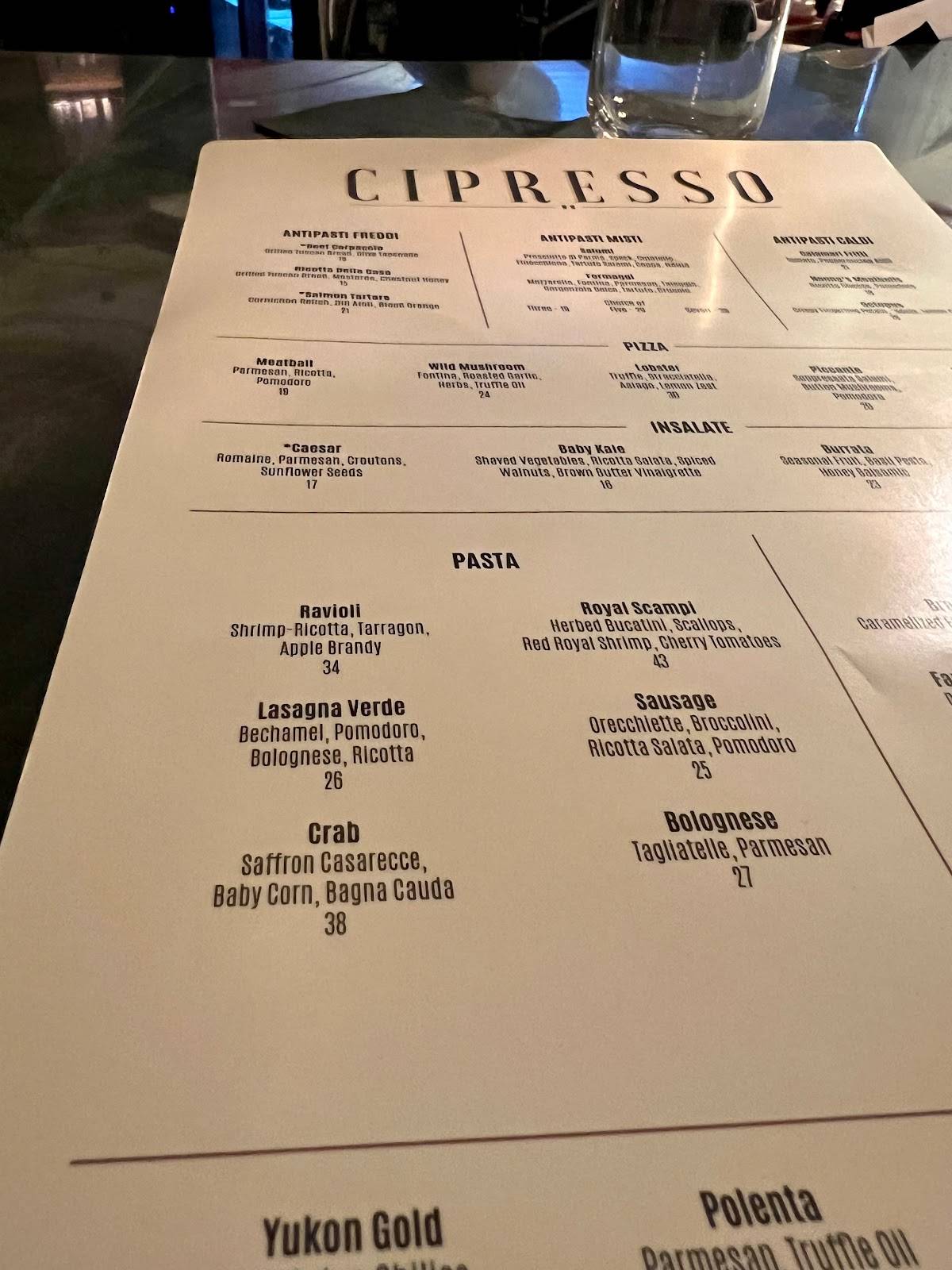 Menu at Cipresso (in Seminole Hard Rock Hollywood) restaurant, Hollywood