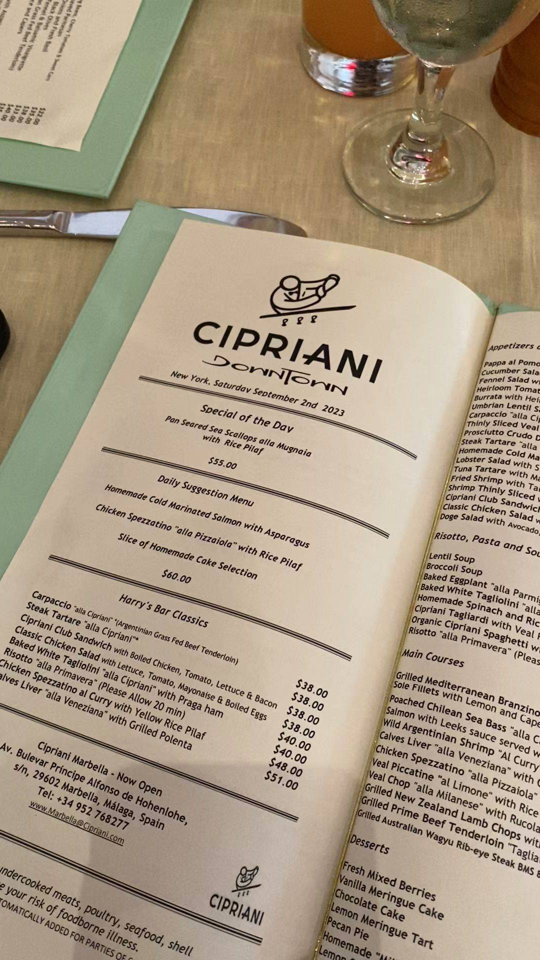 Menu at Cipriani Downtown restaurant, New York City, 376 W Broadway