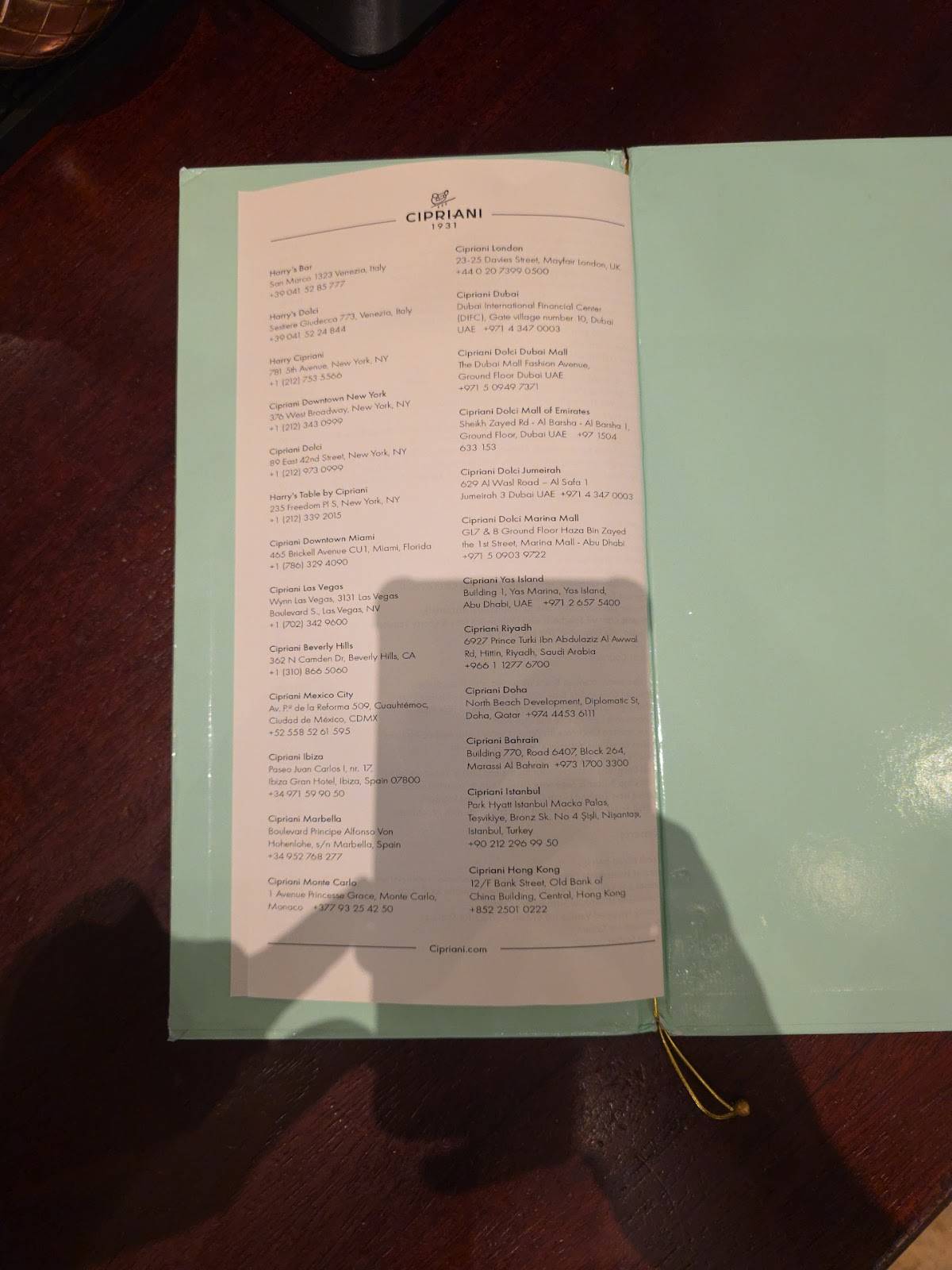 Menu at Cipriani Downtown restaurant, New York City, 376 W Broadway