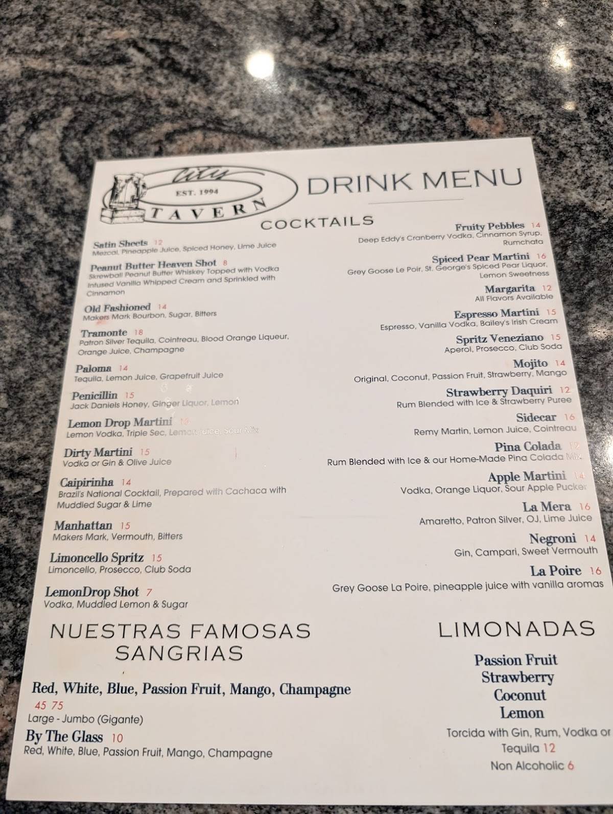 Menu at City Tavern restaurant, Elizabeth