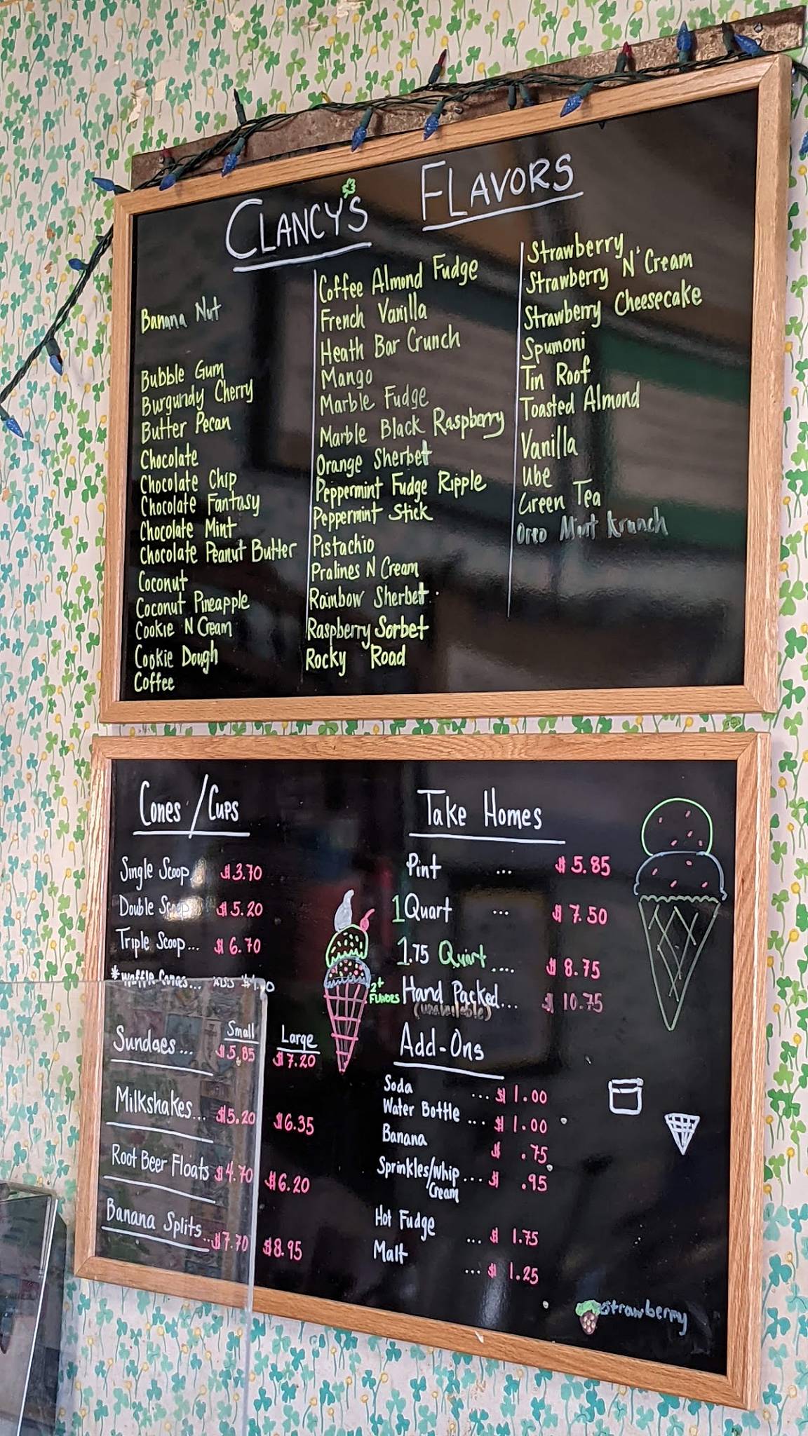 Menu at Clancy's Ice Cream Parlour desserts, San Leandro