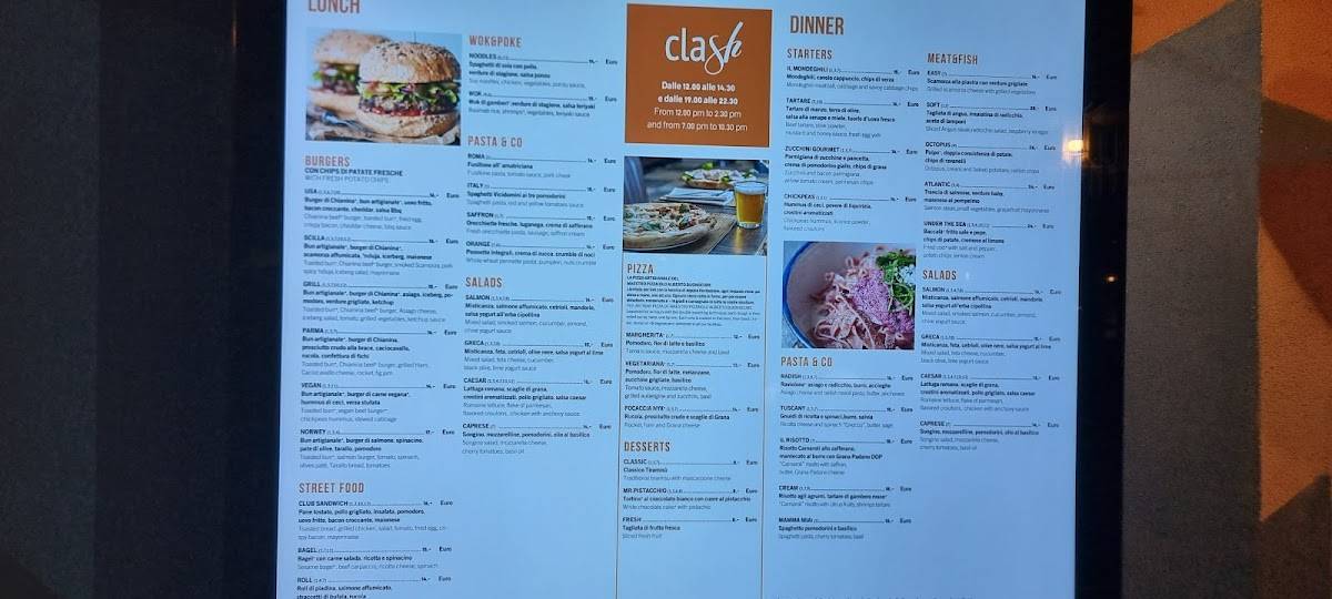 Menu at Clash restaurant, Milan