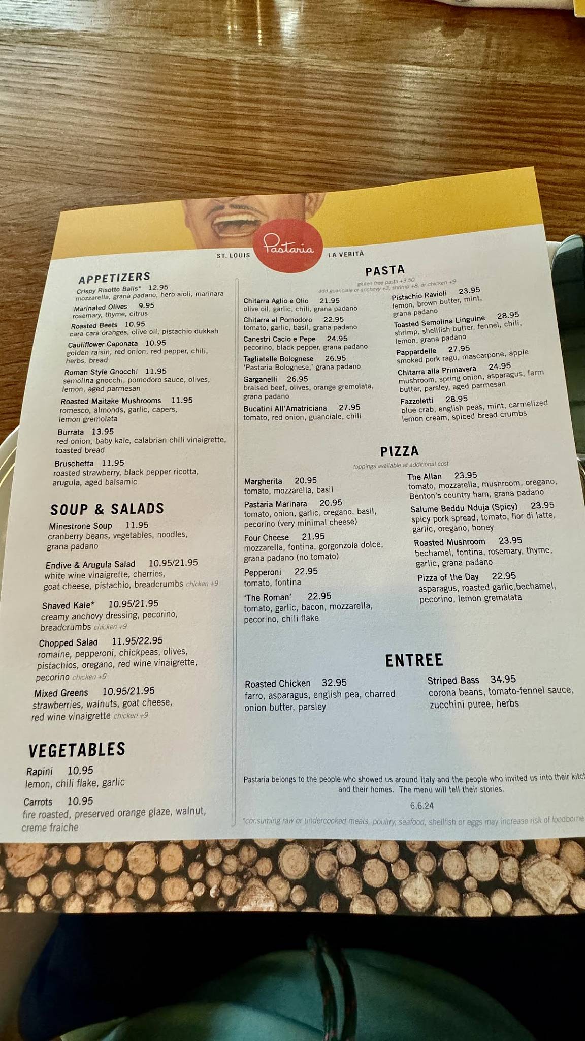 Menu at Pastaria restaurant, Clayton