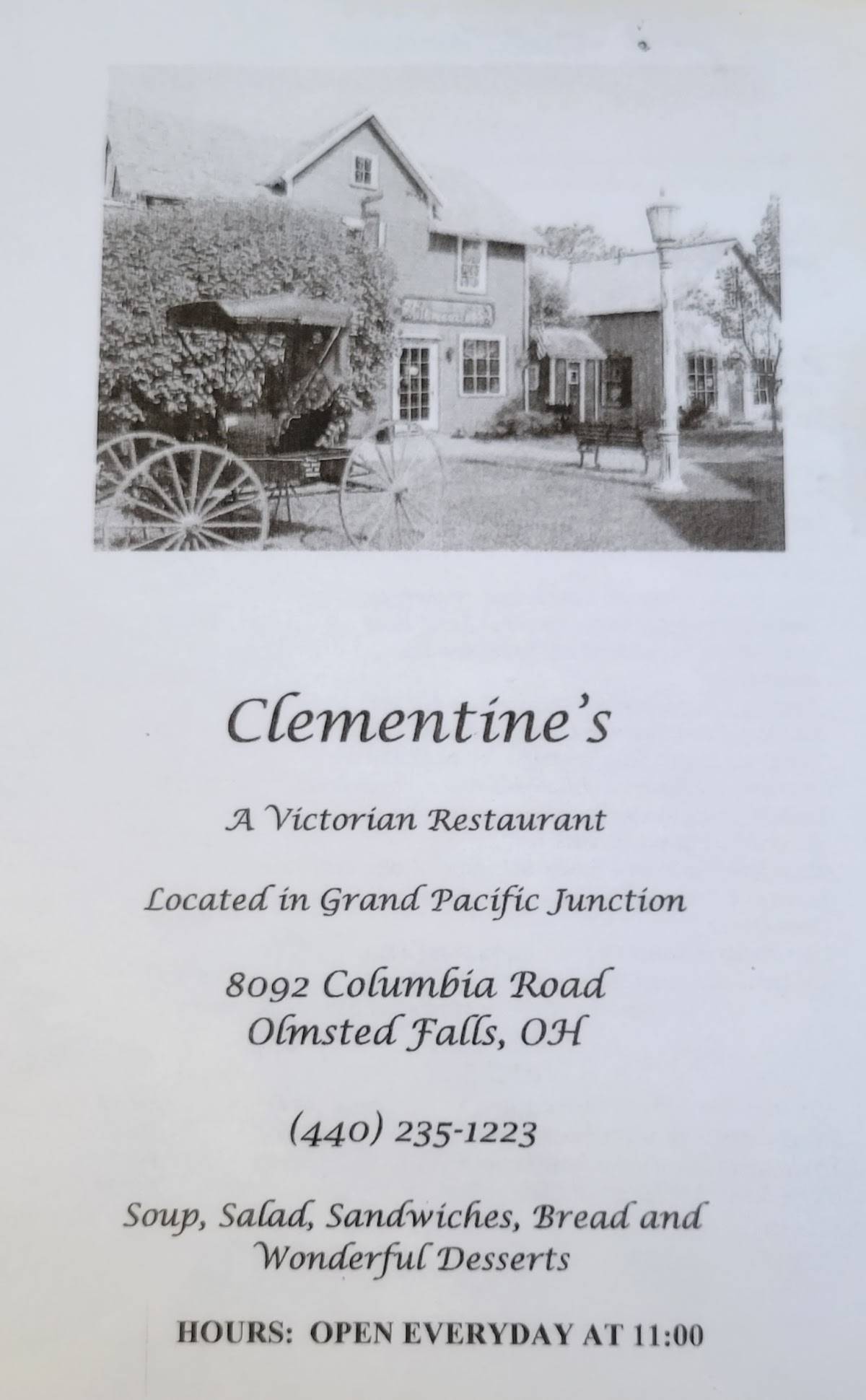 Menu at Clementine's Victorian Restaurant, Olmsted Falls
