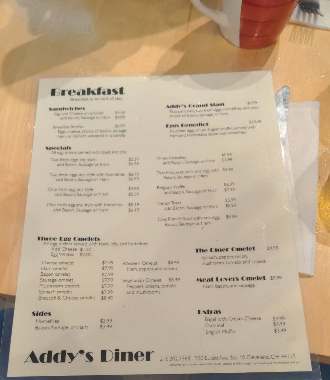 Menu at Addy's Diner restaurant, Cleveland