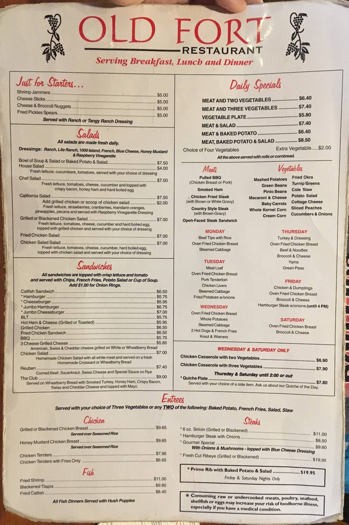 Menu at Old Fort restaurant, Cleveland, 25th St NW