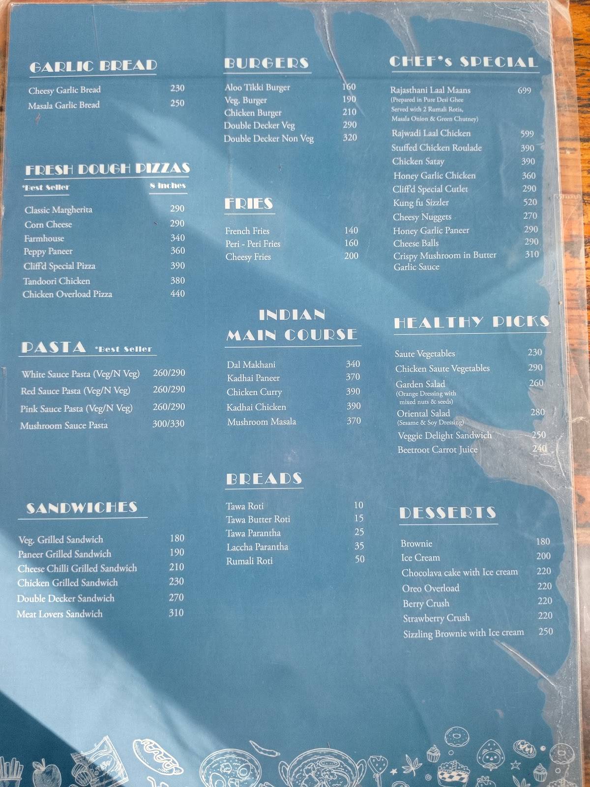 Menu at Cliff'd Cafe, Dehradun