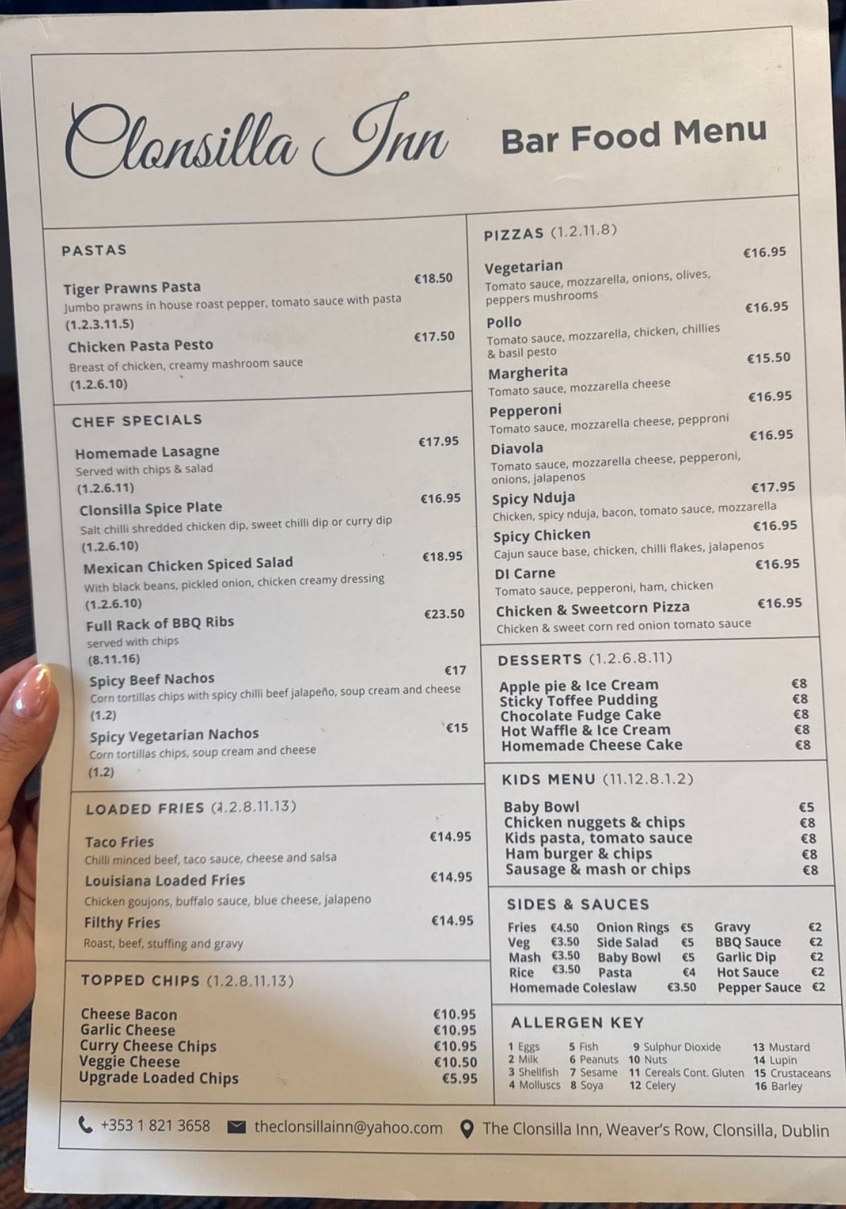 Menu at Clonsilla Inn pub & bar, Dublin