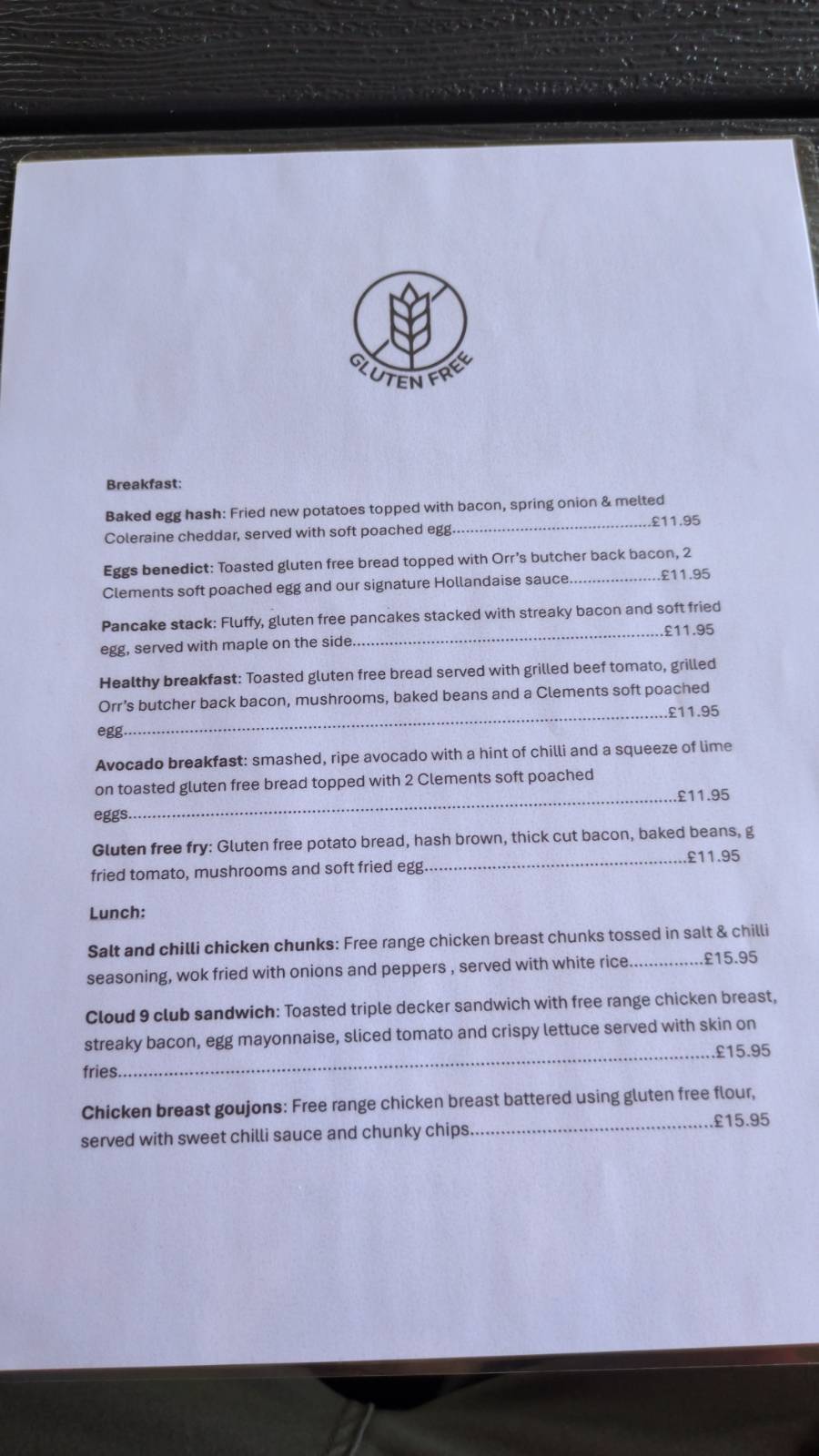 Menu at Cloud 9 Restaurant at the Ulster Flying Club, Newtownards