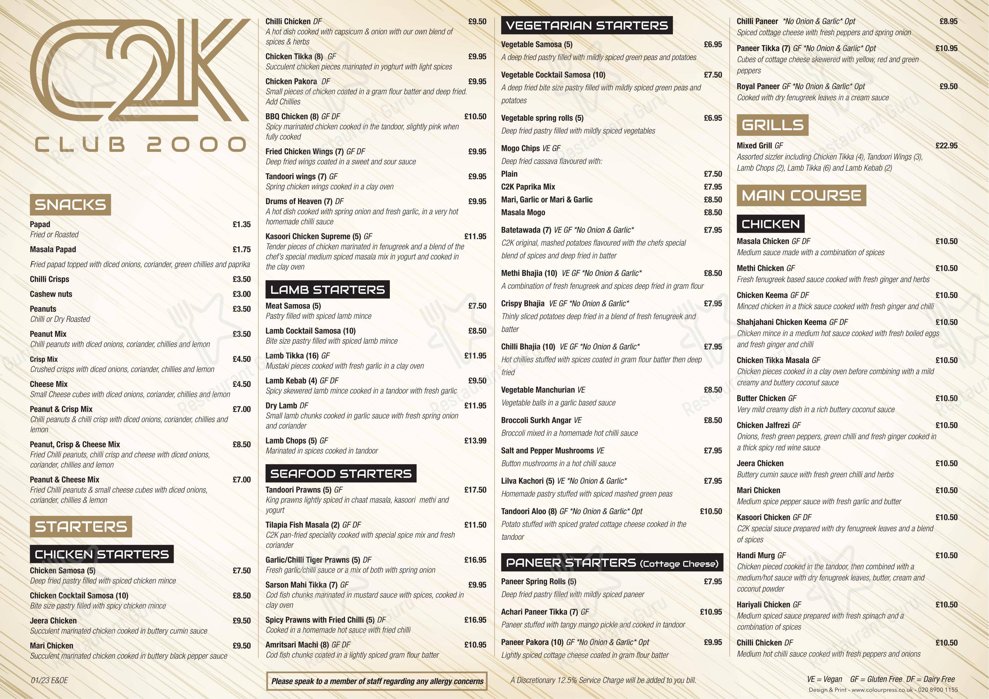 Menu at Club 2000, Pinner, 427-431 Rayners Ln