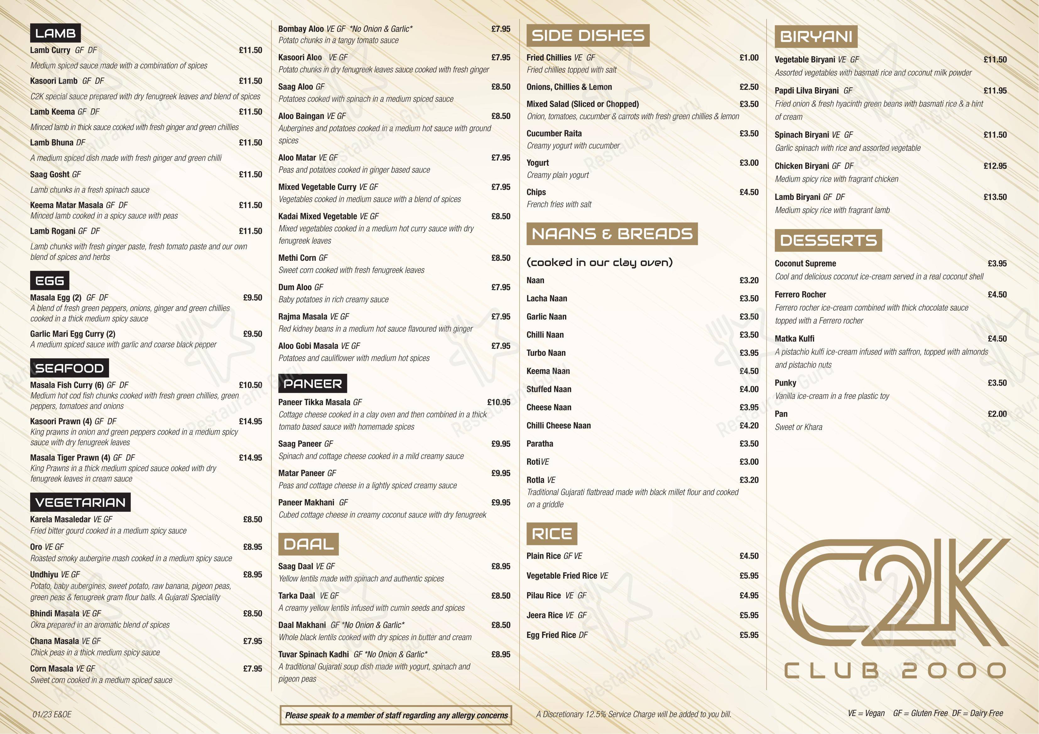 Menu at Club 2000, Pinner, 427-431 Rayners Ln