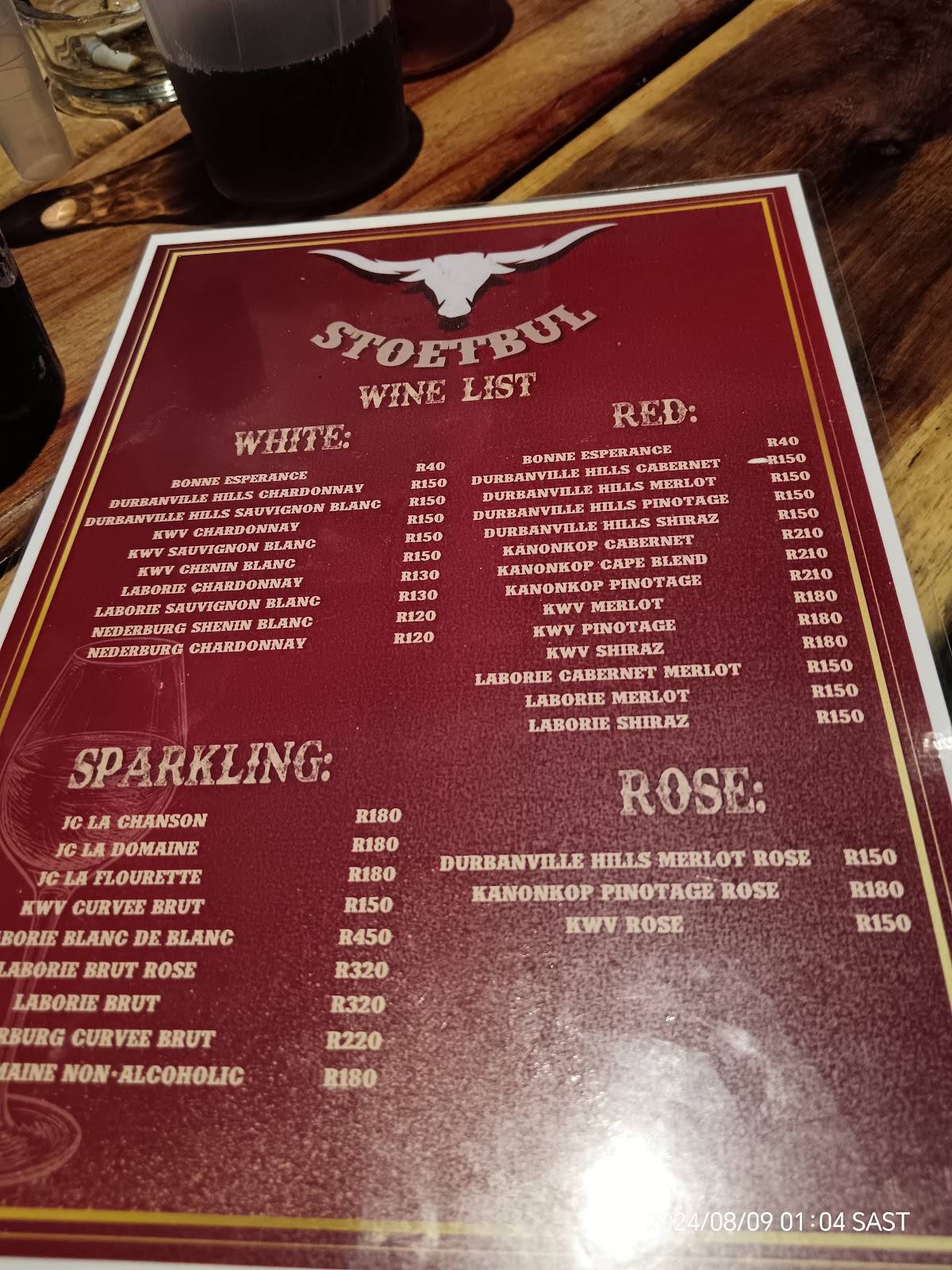 Menu at Stoetbul Parkview club, Pretoria
