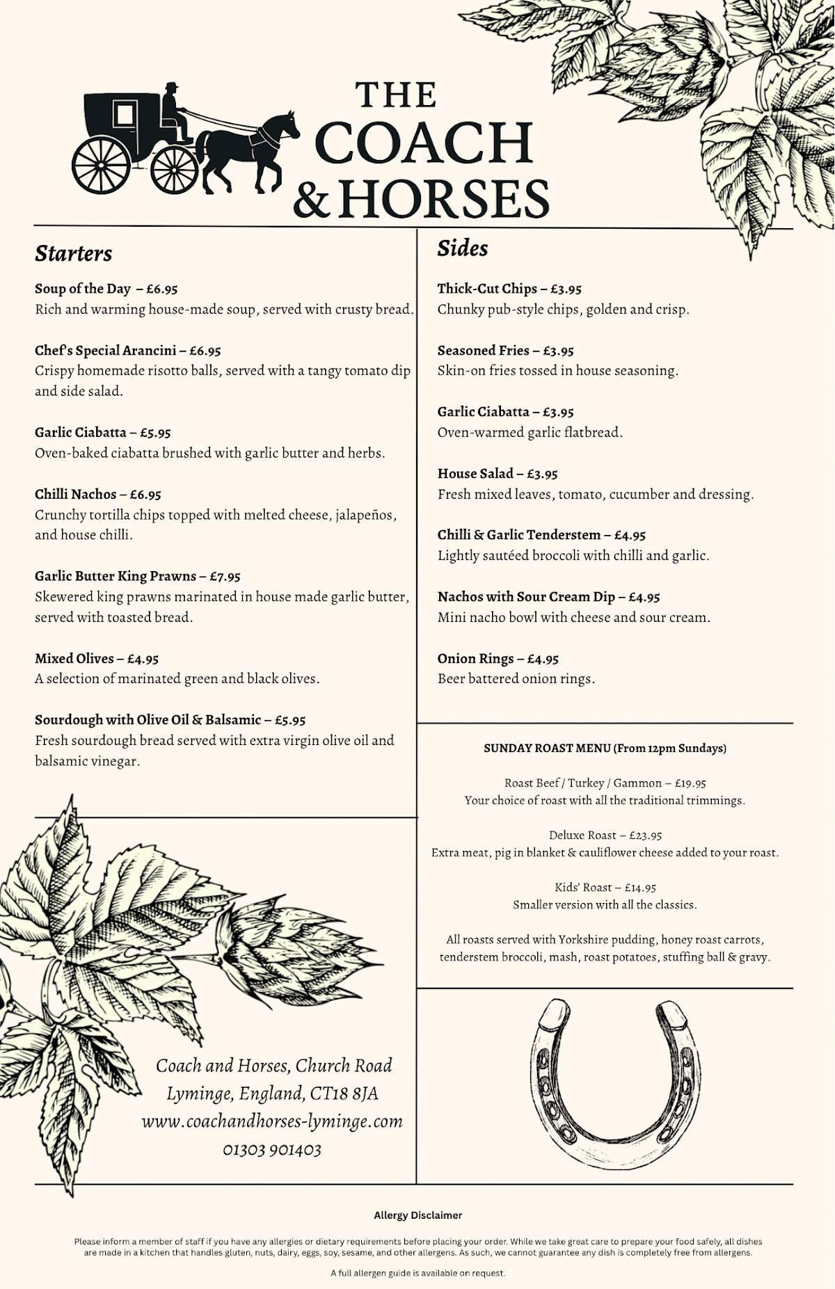 Menu at Coach & Horses pub & bar, Folkestone, Church Rd