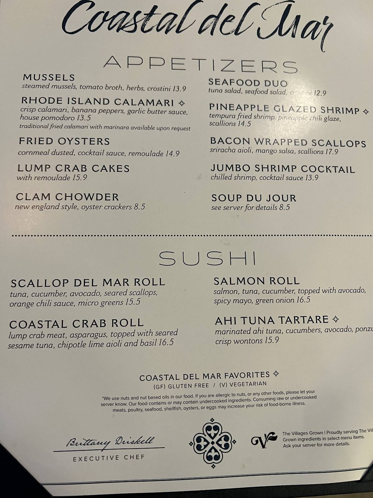 Carta del pub y bar Coastal Del Mar - Seafood Grill, Lady Lake