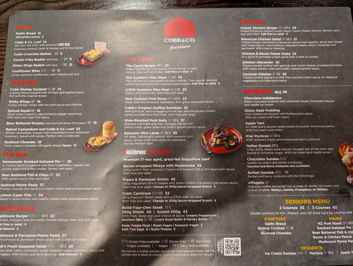 Menu at Cobb & Co. Papanui restaurant, Christchurch