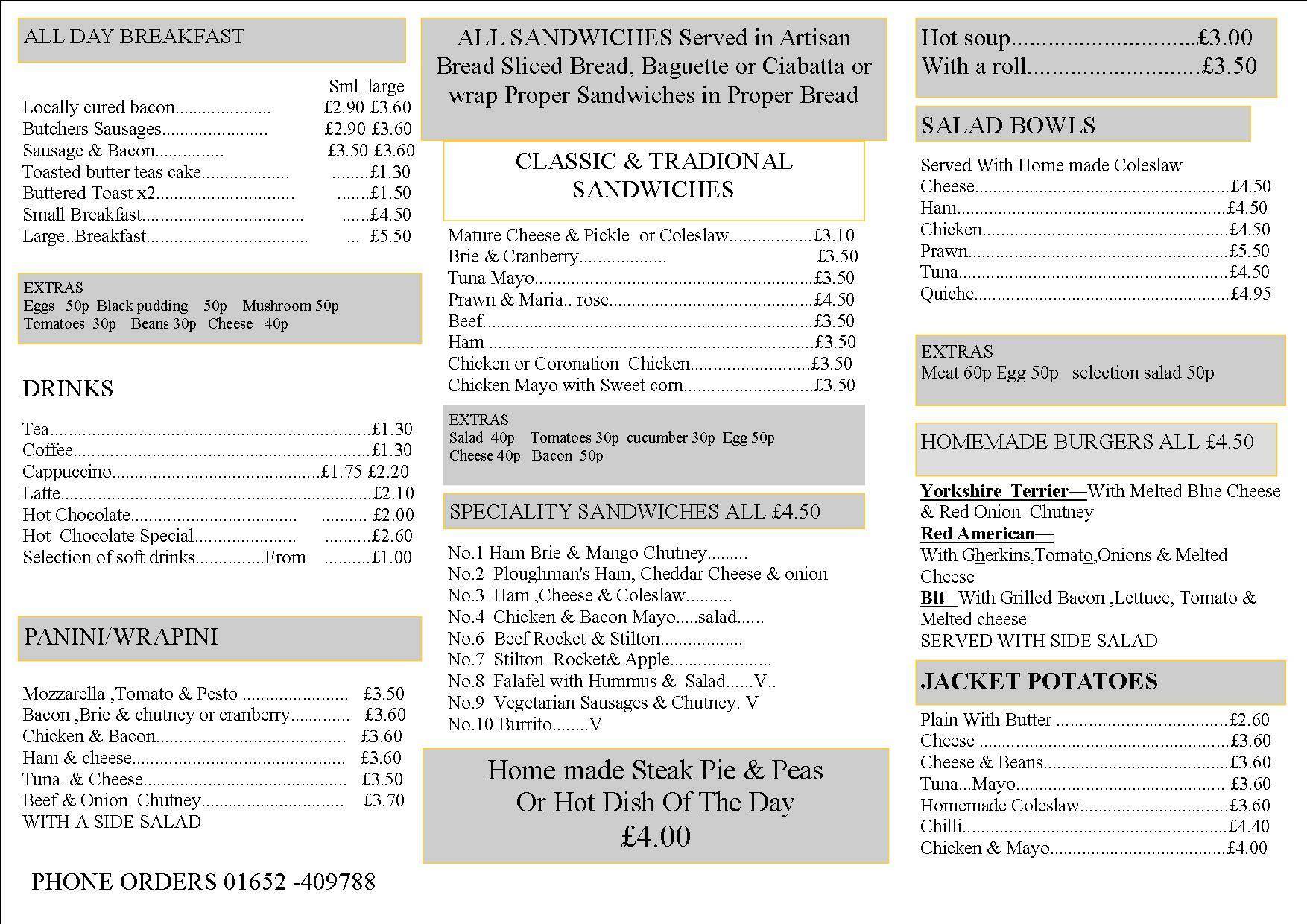 Menu at Cobblers sandwich shop cafe, Barton-upon-Humber