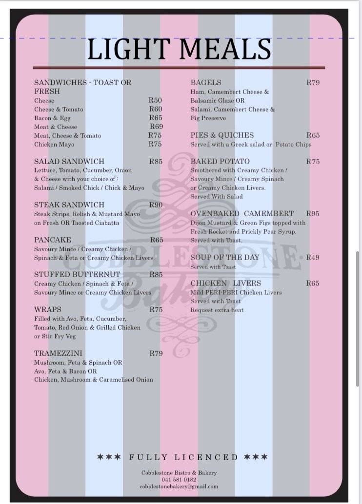Menu at Cobblestone Bistro & Bakery, Port Elizabeth, 40 6th Ave