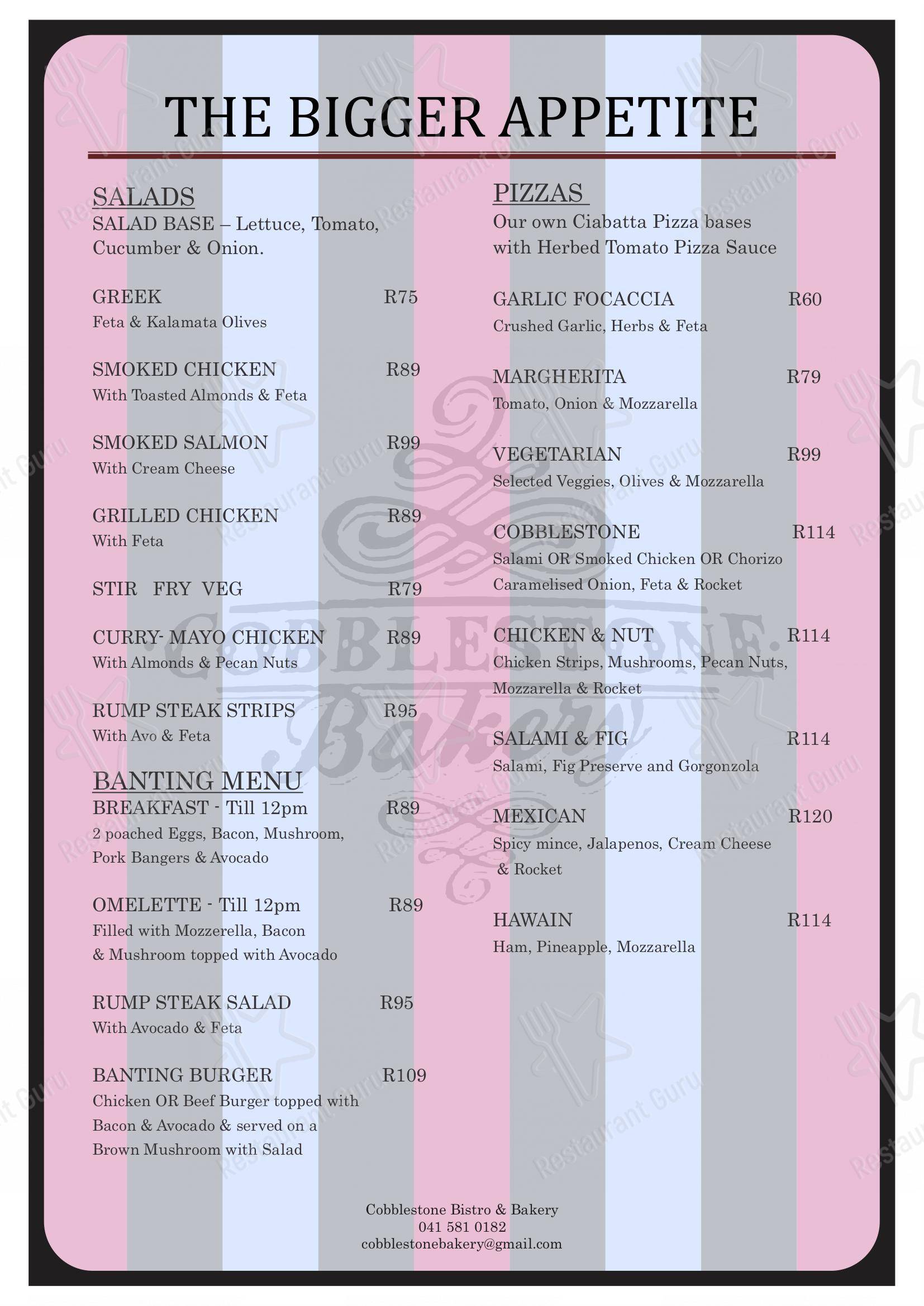 Menu at Cobblestone Bistro & Bakery, Port Elizabeth, 40 6th Ave