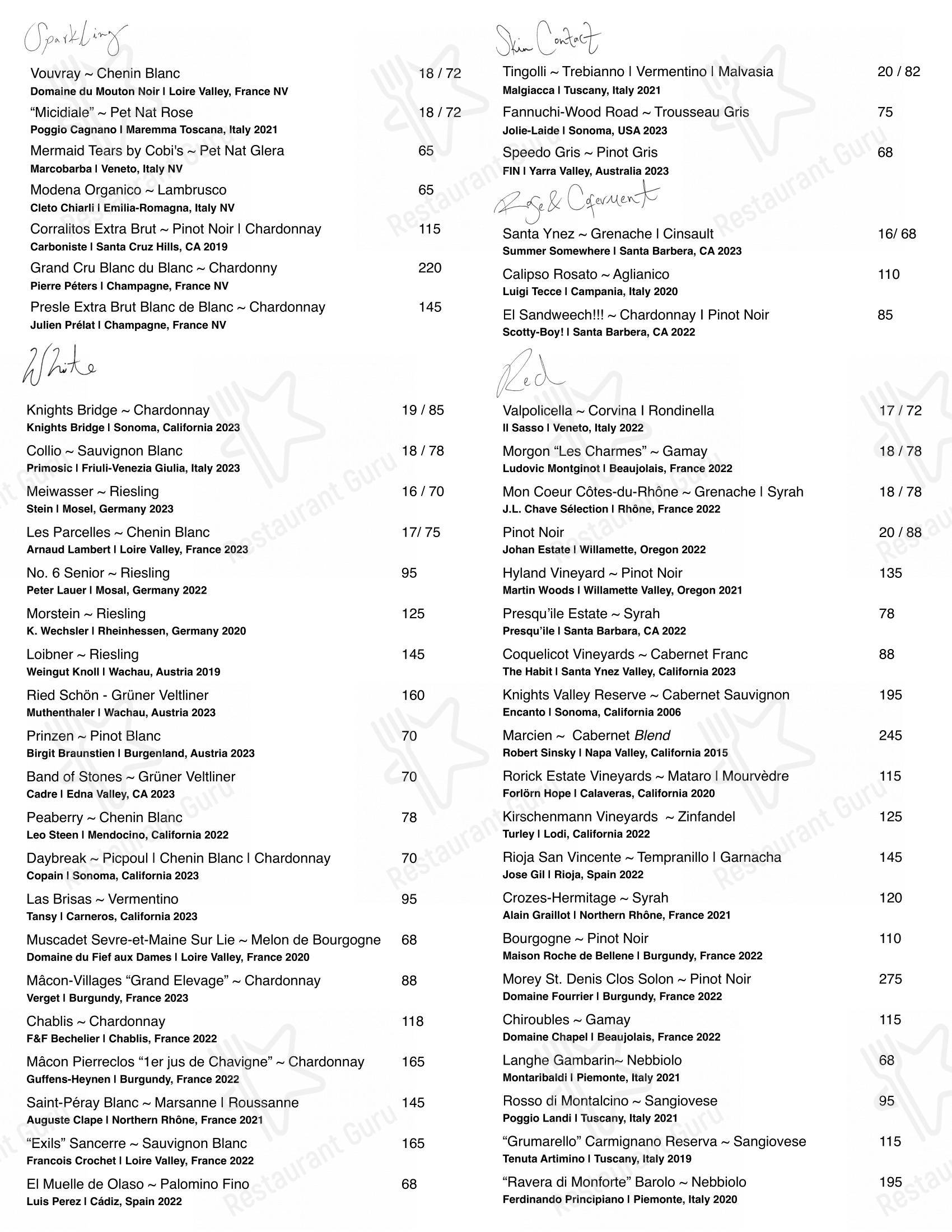 Menu at Cobi's restaurant, Santa Monica