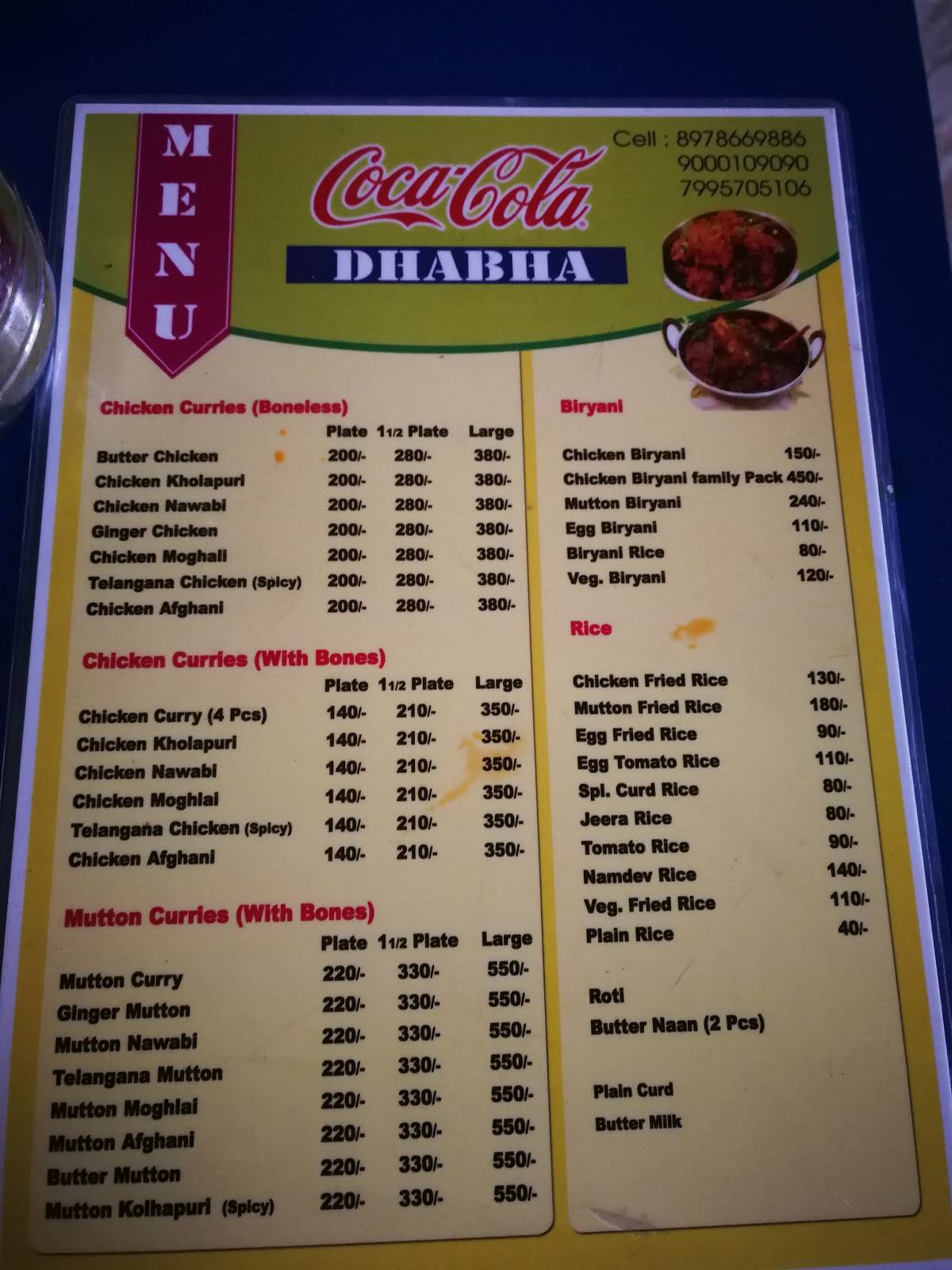 Menu at Coca cola family dhaba, Karimnagar