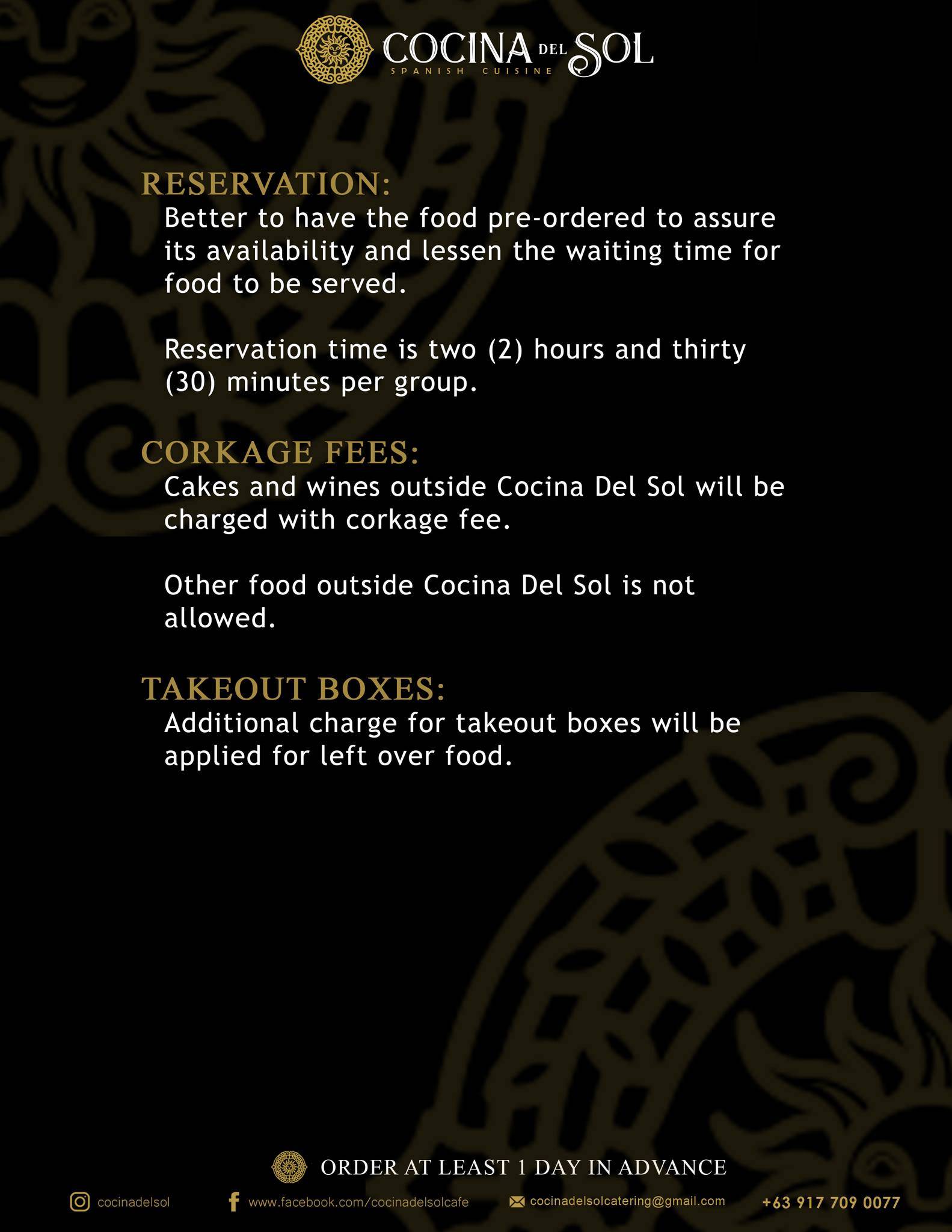 Menu at Cocina del Sol restaurant, Baguio