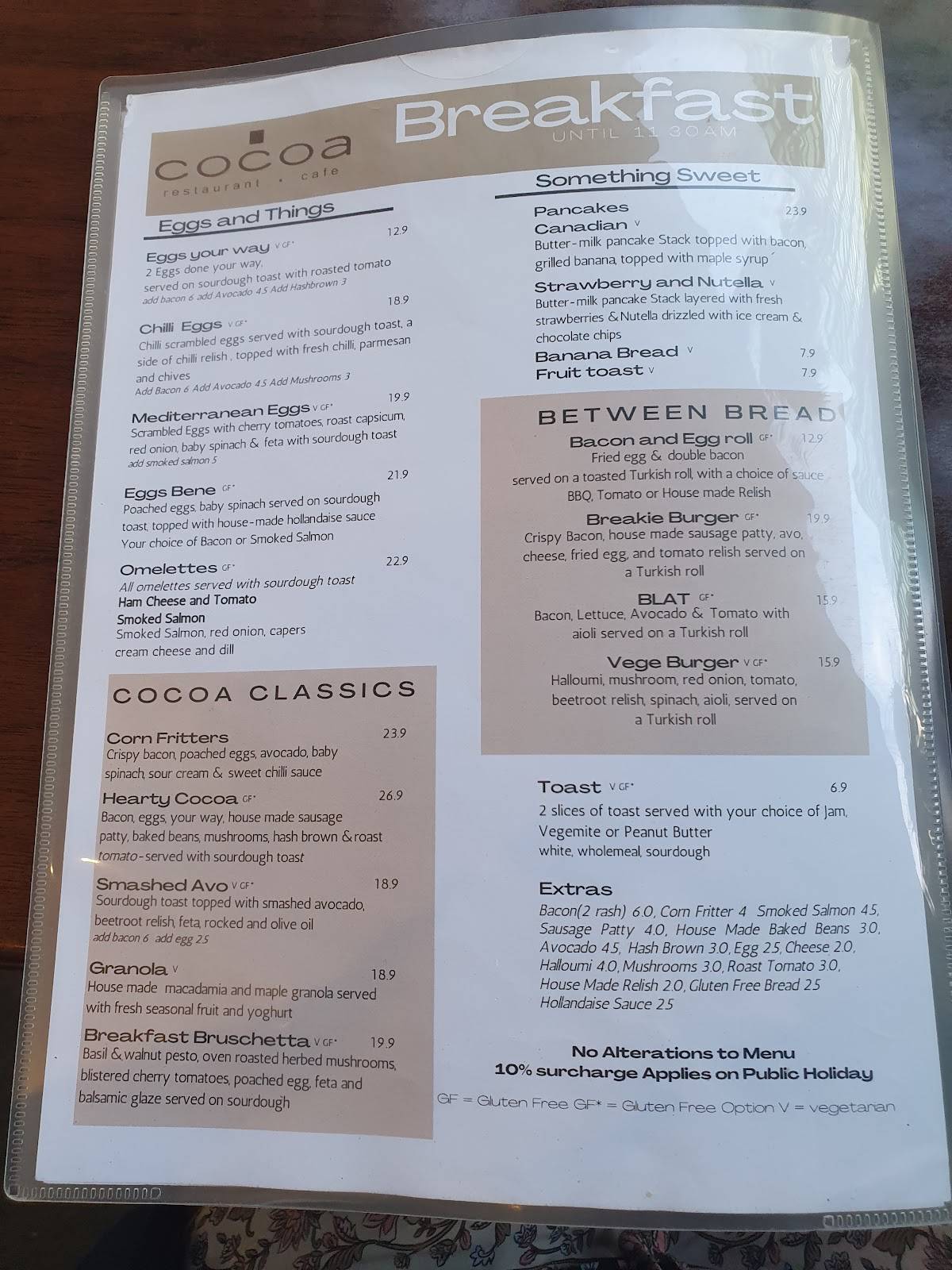 Menu at Cocoa cafe, Coffs Harbour, 36 Harbour Dr
