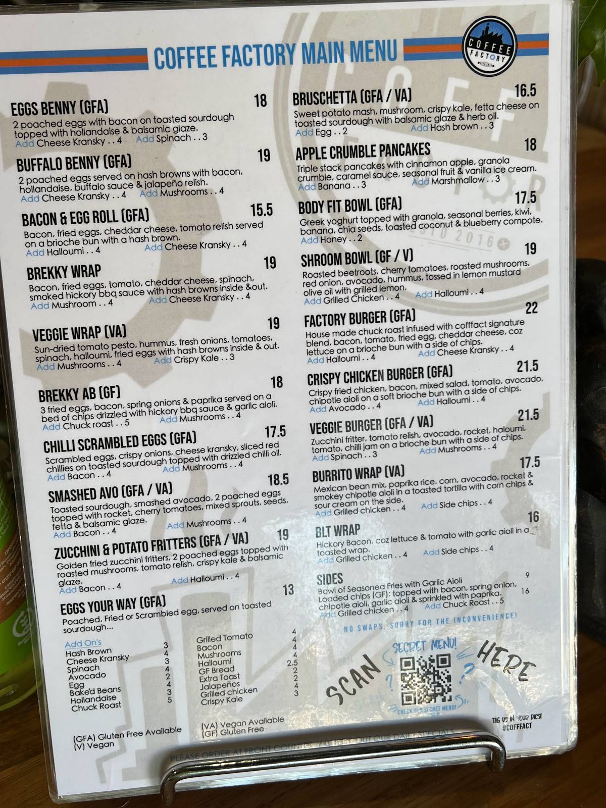 Menu at Coffee Factory Cafe, Port Noarlunga