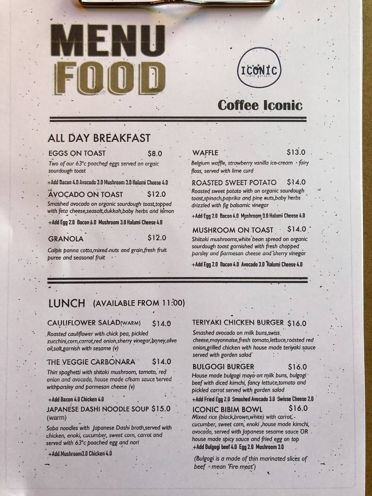 Menu at Coffee Iconic cafe, Brisbane City