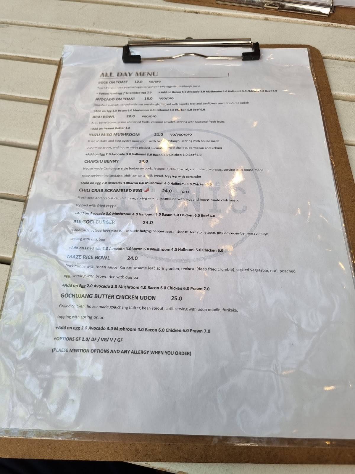 Menu at Coffee Iconic cafe, Brisbane City