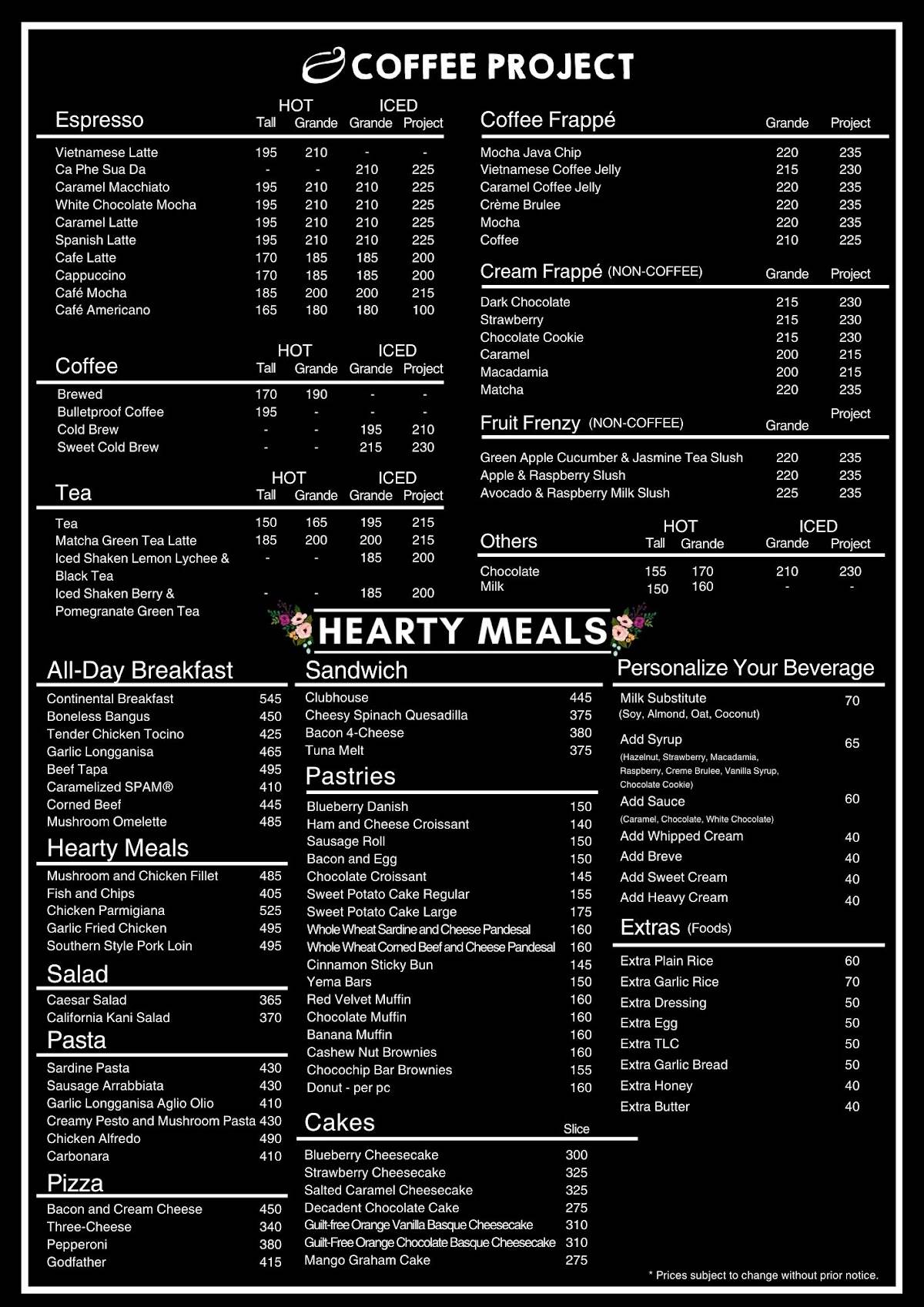 Menu at Coffee Project Salcedo cafe, Makati, 107 L.P. Leviste Street