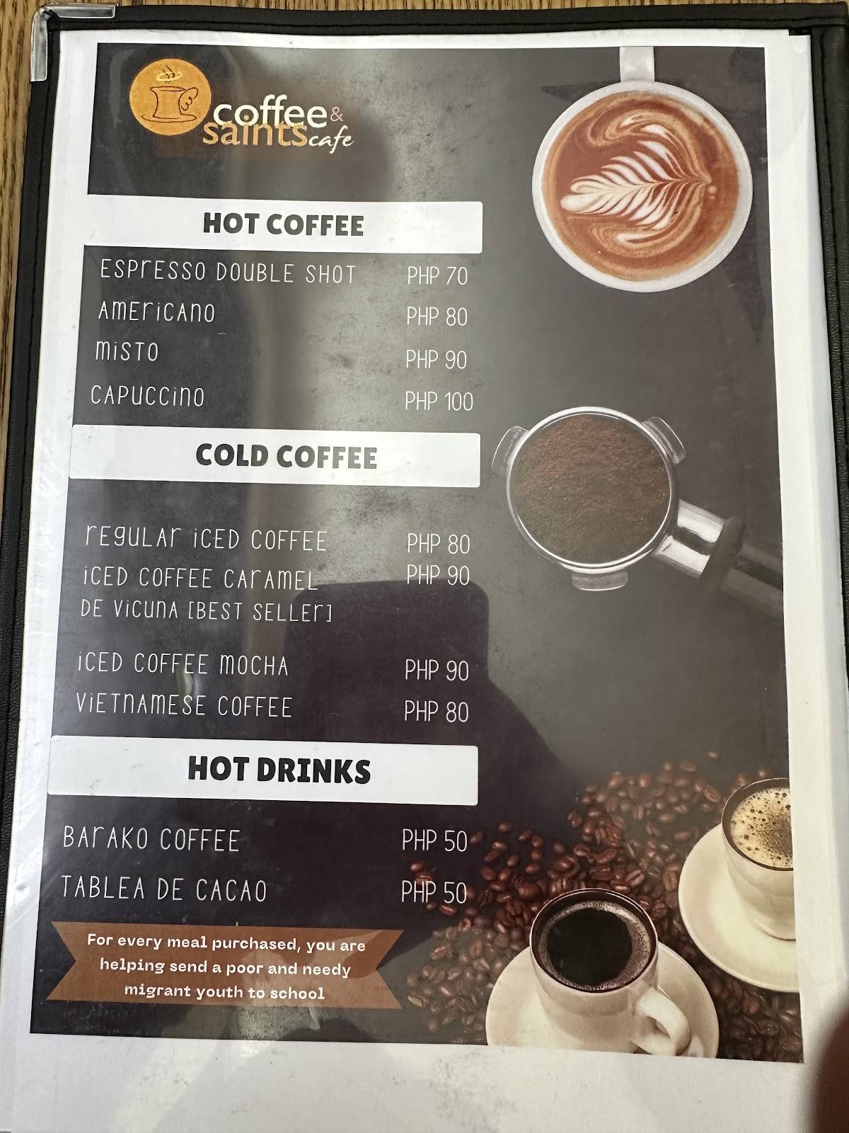 Menu at Coffee & Saints cafe, Makati