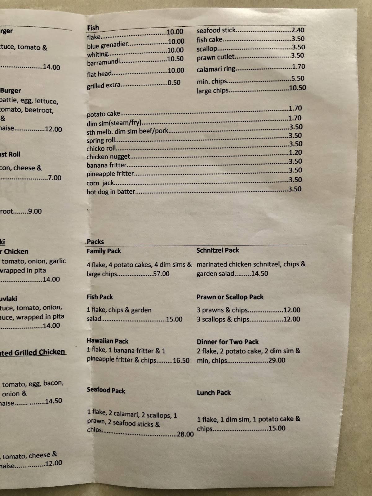 Menu at East End Fish & Chippery restaurant, Healesville